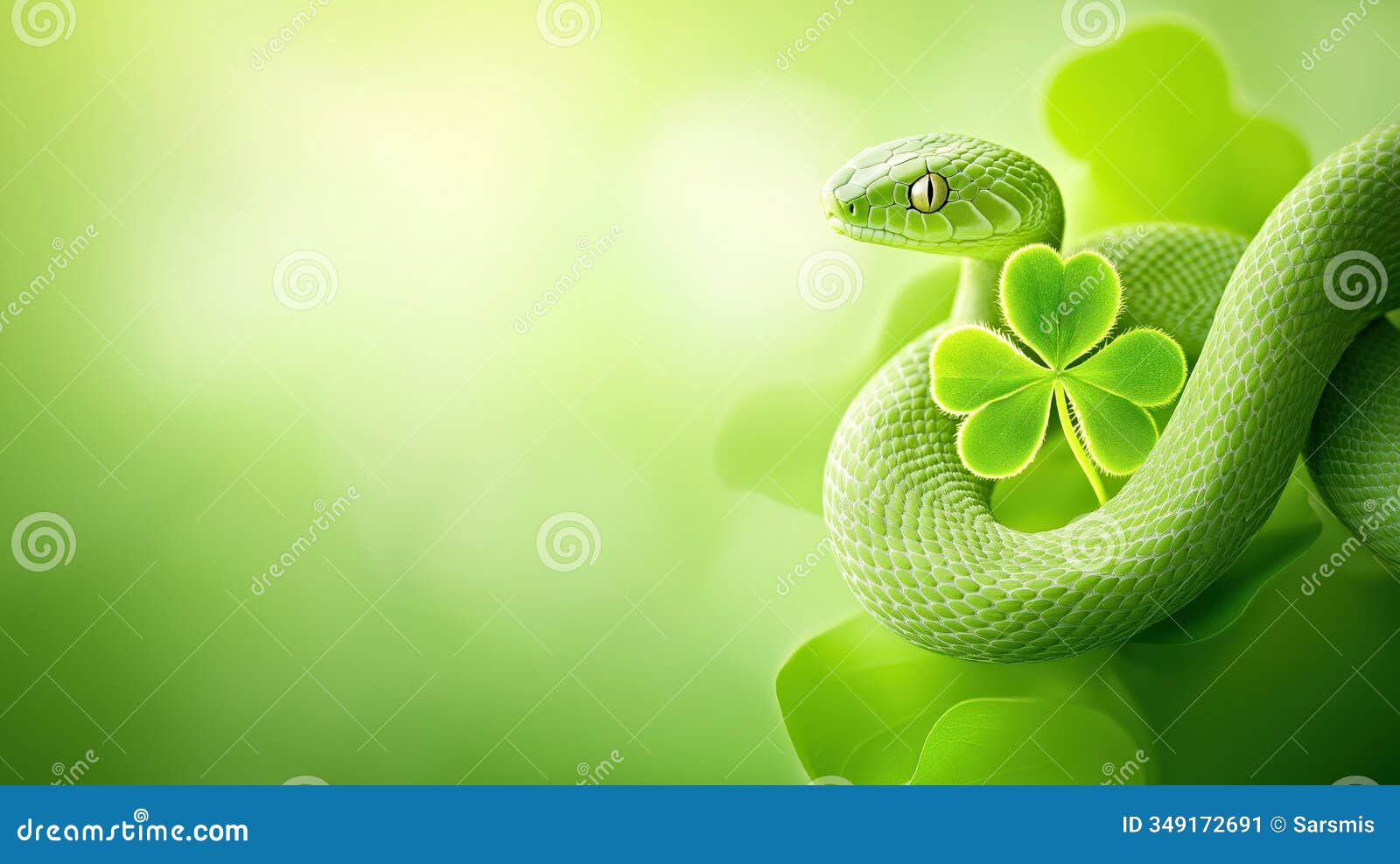 Green Snake Coiled Around a Four-Leaf Clover in Vibrant Nature ...