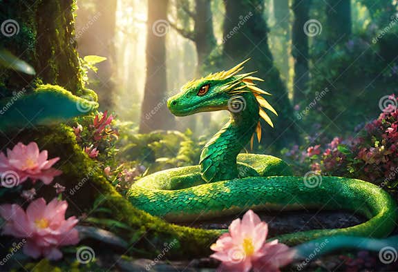 Green Snake Coiling in Greenery of Highland Forest Stock Illustration ...