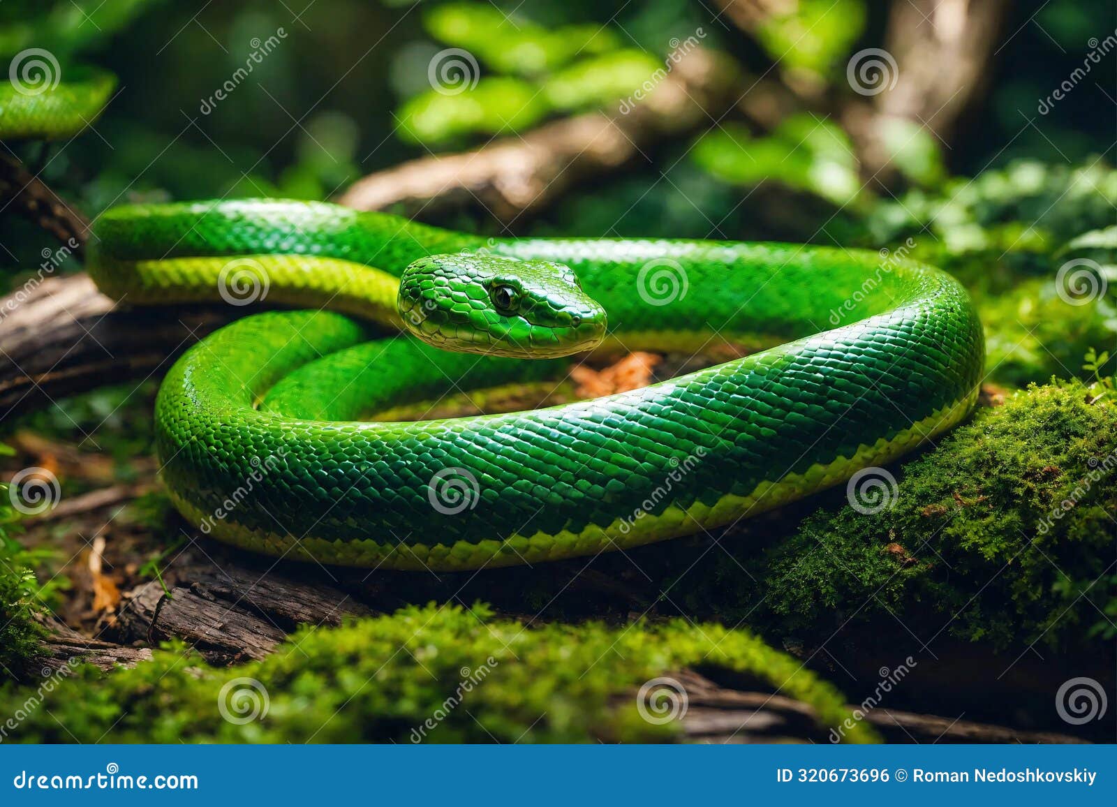 Green Snake Coiling in Greenery of Summer Forest Stock Illustration ...