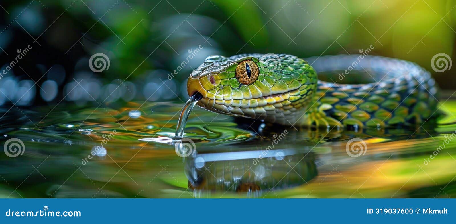 Green Snake Drinking Water from Pond Stock Photo - Image of slink ...