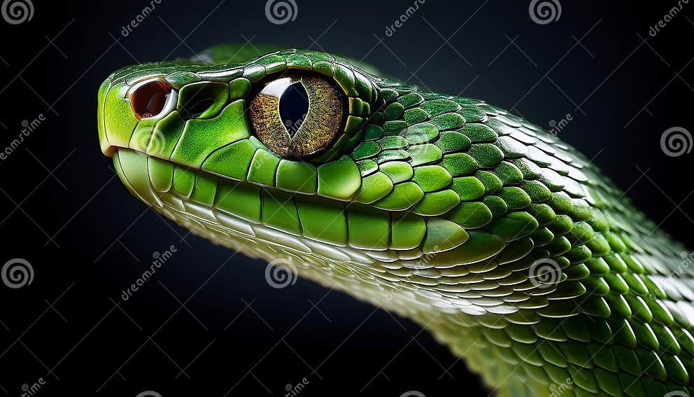 Green Snake and Eye on Black Background. Green Snake Looking on Black ...