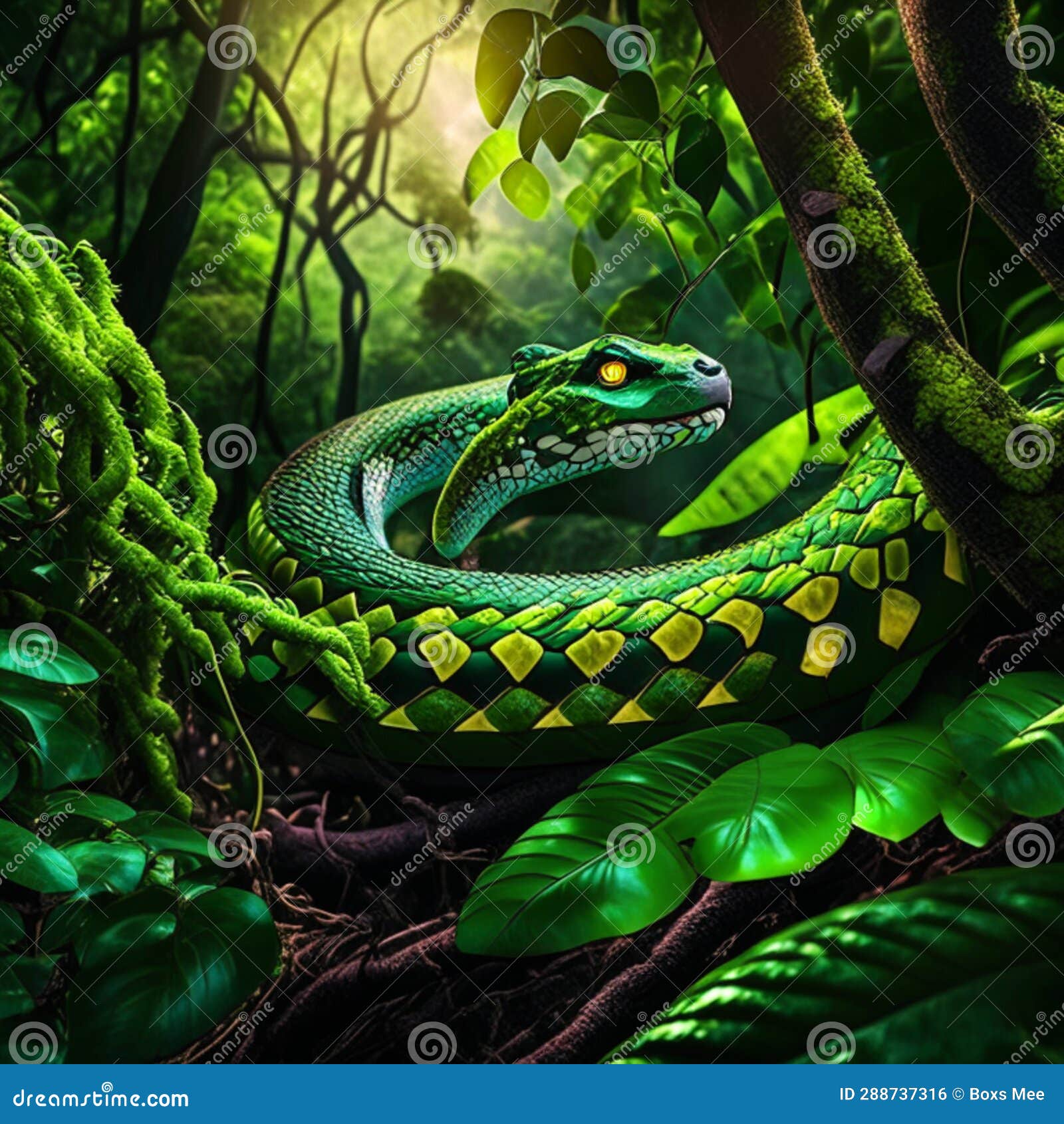 Green Snake in the Rainforest. 3d Rendering. Computer Digital Drawing ...