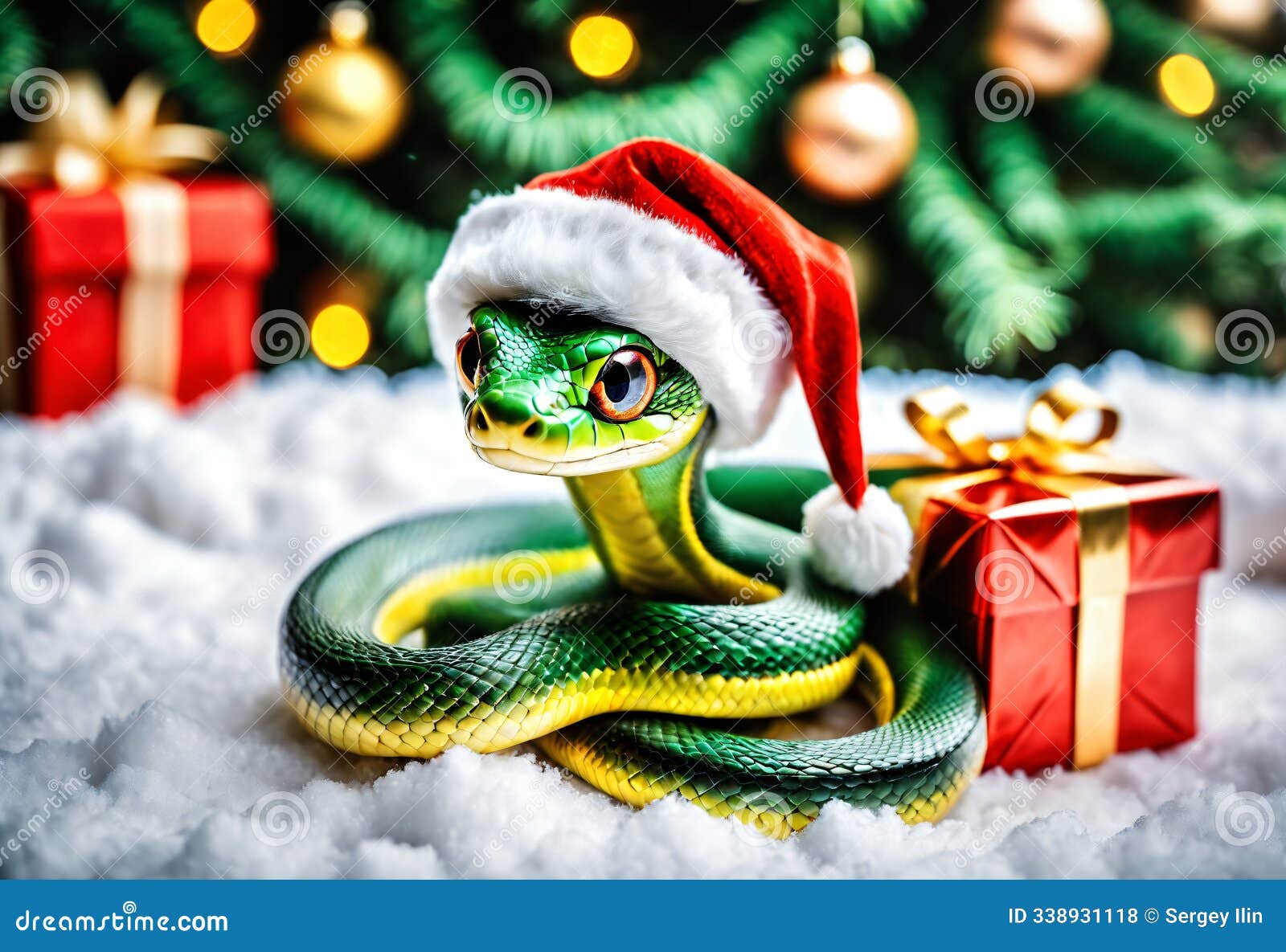 Green Snake with Santa Cap. Generative AI Stock Illustration ...