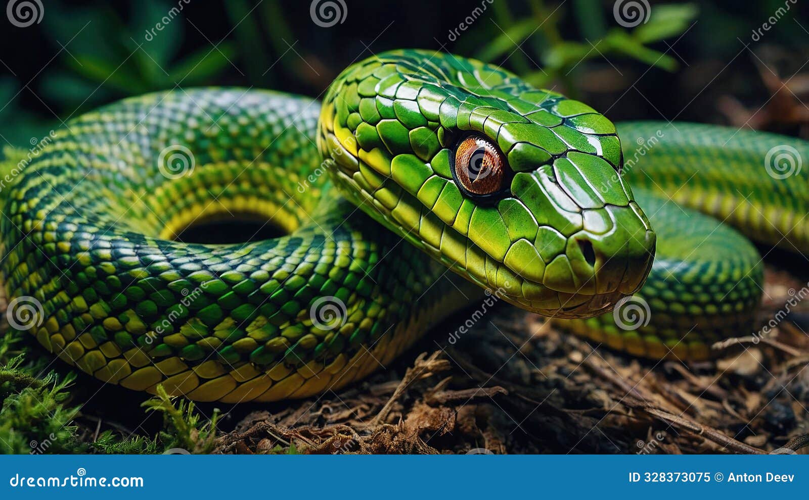 Green Snake Slithering Along a Tree Log Surrounded by Lush Vegetation ...