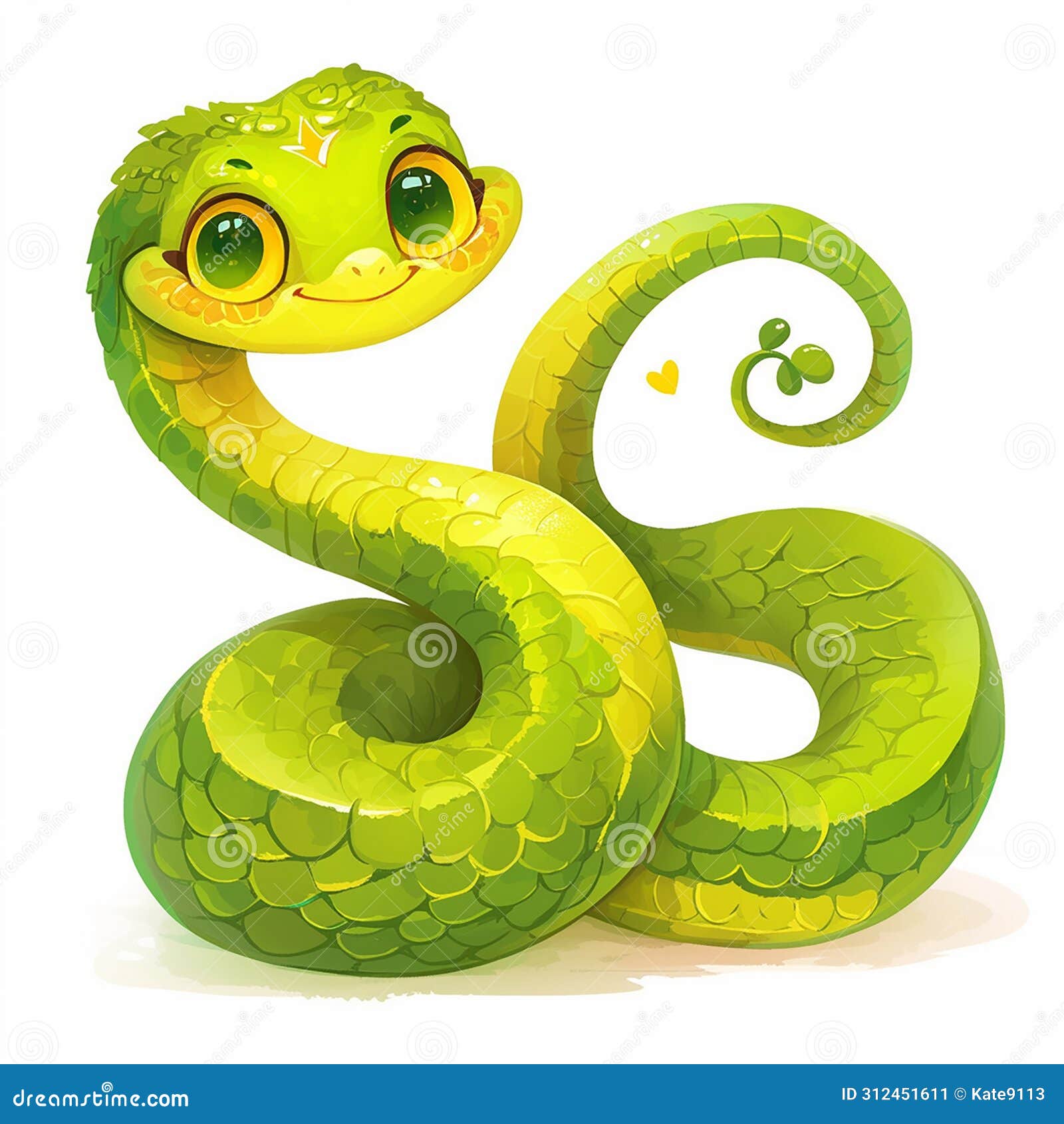 A Green Snake with a Smile on Its Face. the Snake is Sitting on a White ...