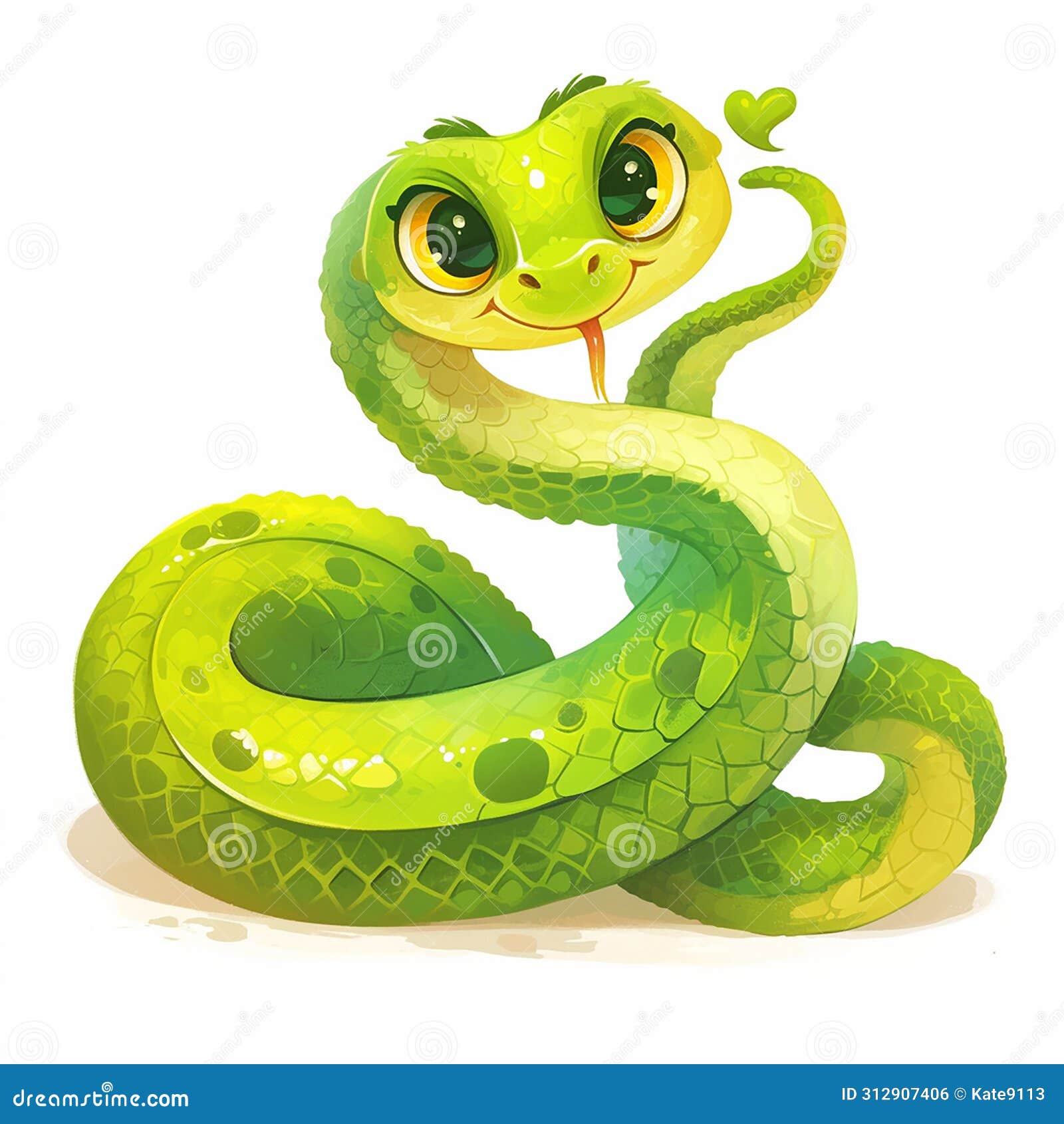 A Green Snake with a Smile on Its Face. the Snake is Sitting on a White ...