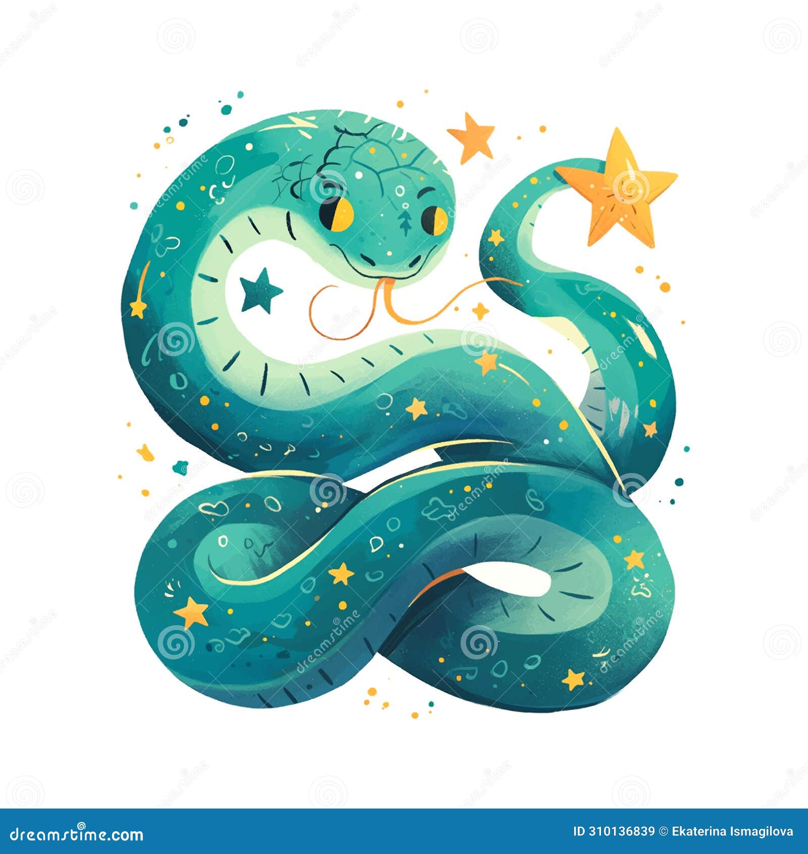 A Green Snake and Stars Around it. the Snake is Sitting on a White ...