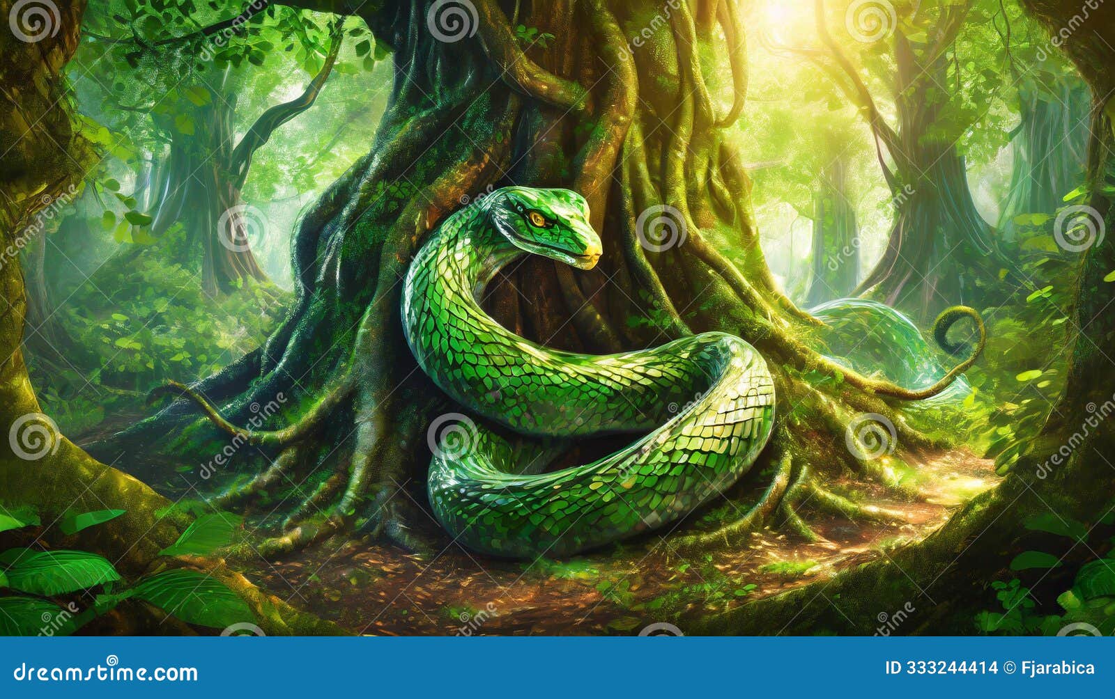 Green snake by the tree stock illustration. Illustration of green ...