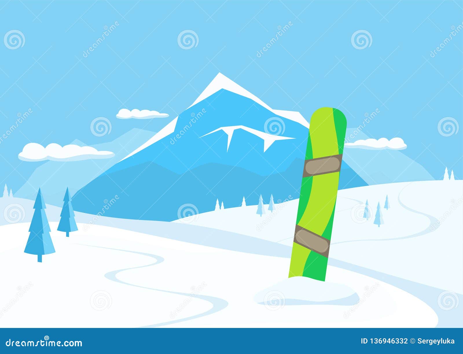 Green Snowboard on the Background of Winter Mountains Stock Vector ...