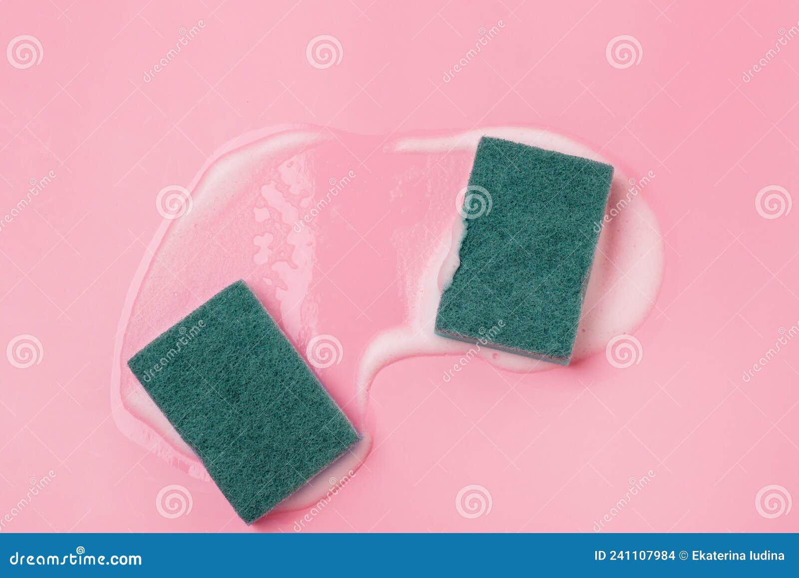 Green Soapy Sponge with Foam on Pink Background Horizontal Top View ...