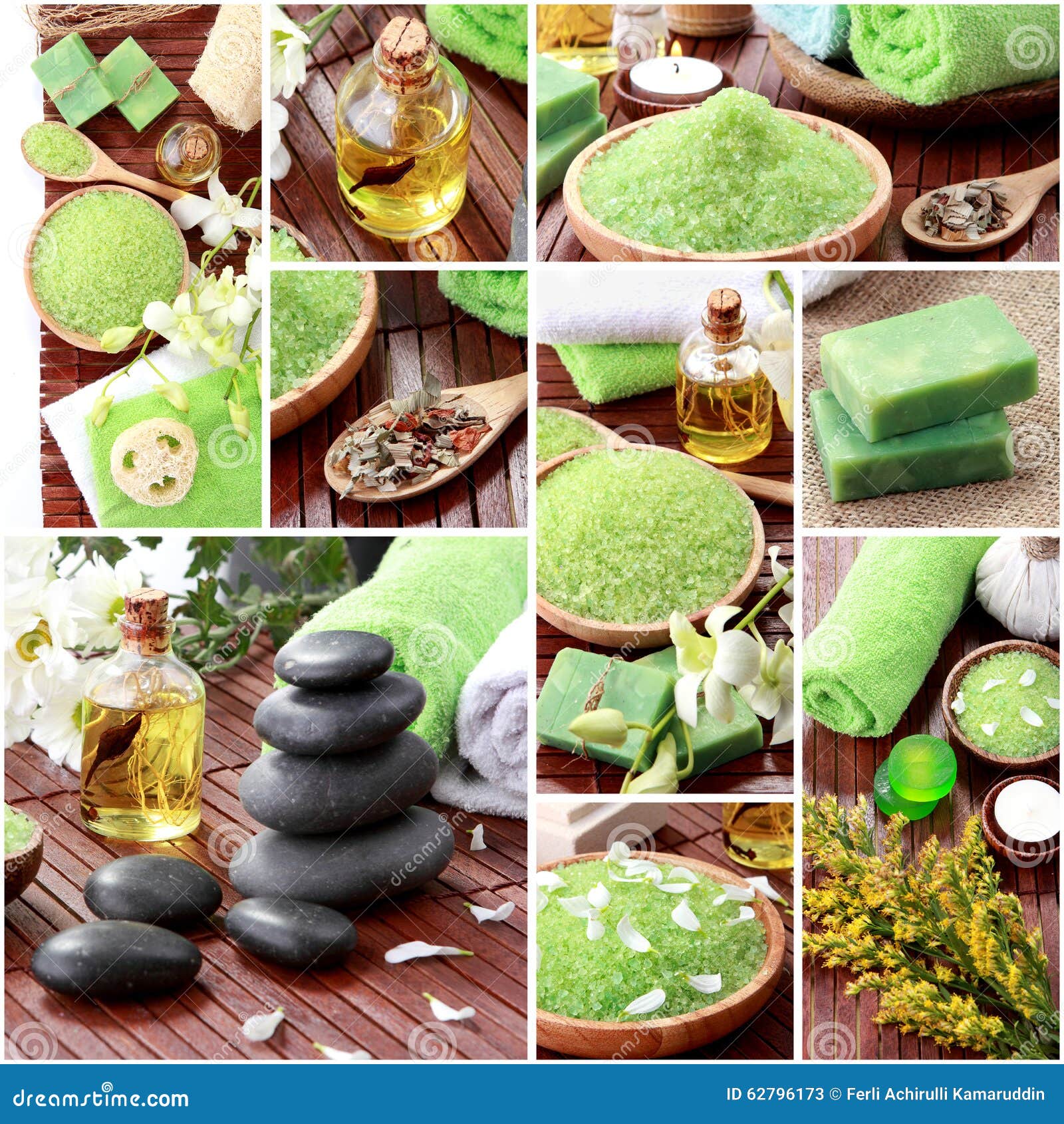 Green Spa Concept Collage. Soap and Essensials Spa Objects Stock Image ...