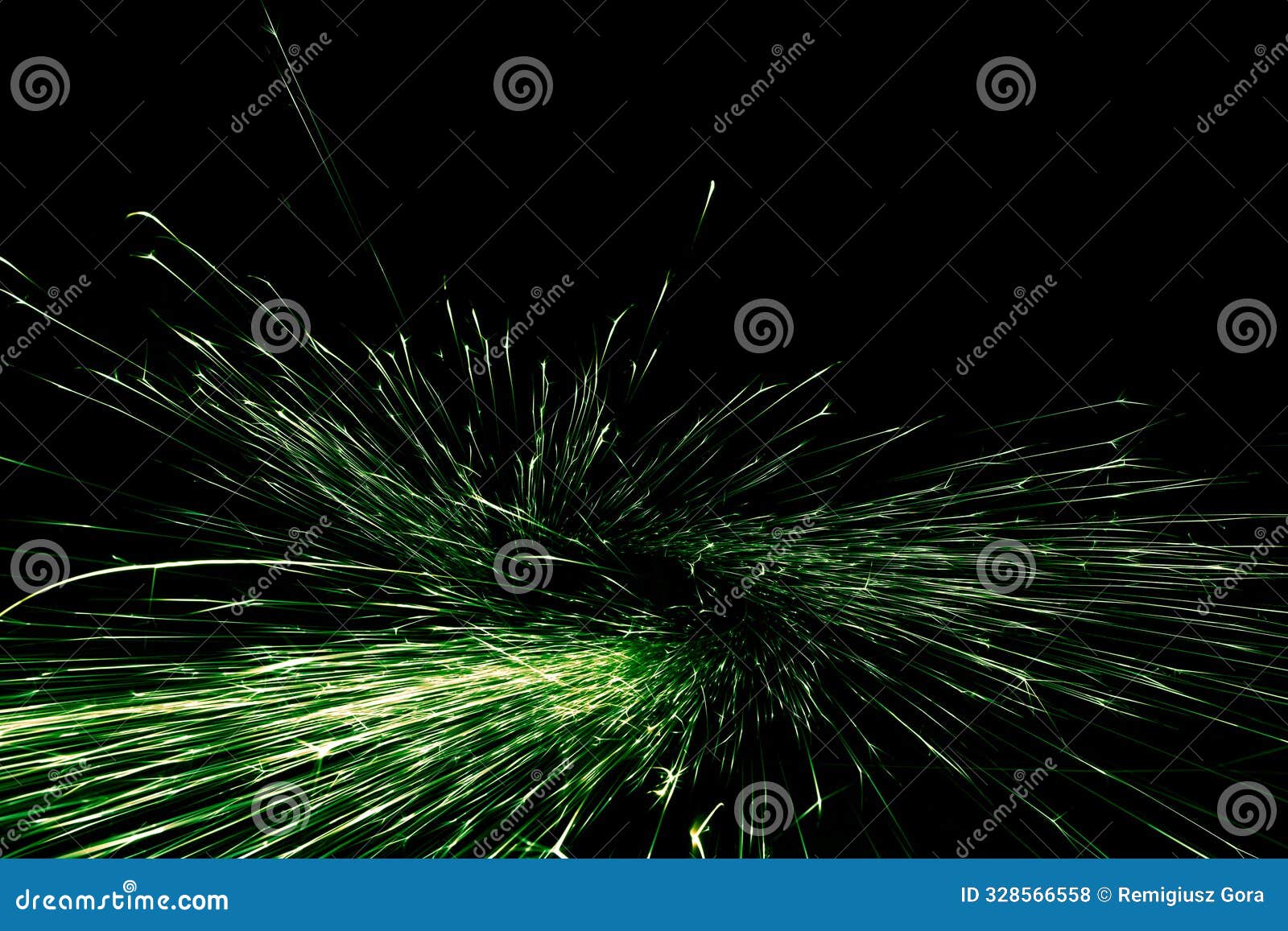 Green Sparks from the Grinder Glowing in the Dark Stock Photo - Image ...
