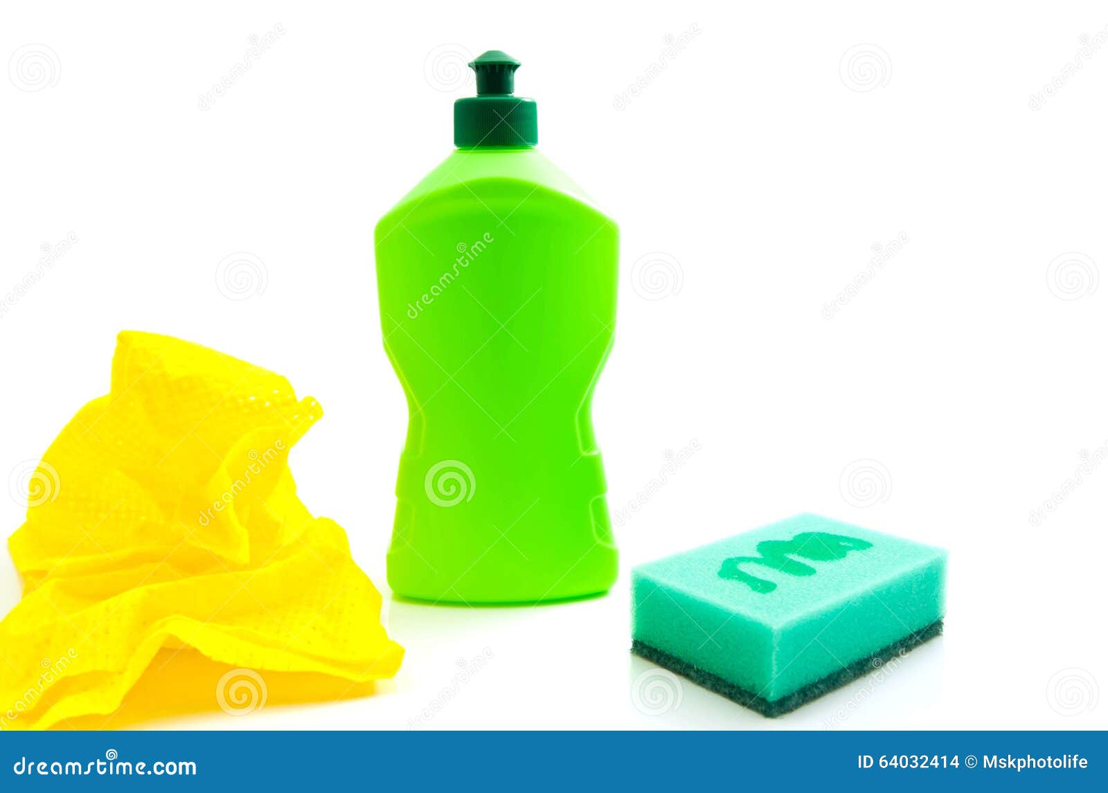 Green Sponge, Bottle and Rag Stock Photo - Image of yellow, hygiene ...
