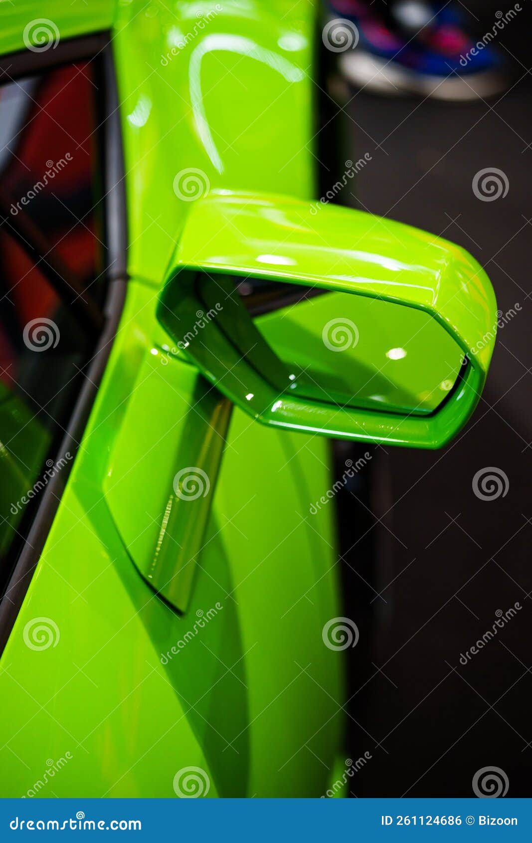 Green Sport Car Side Rear View Mirror Stock Photo - Image of reflection ...