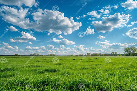 Green Spring Meadow and Blue Sky with Clouds. Stock Illustration ...