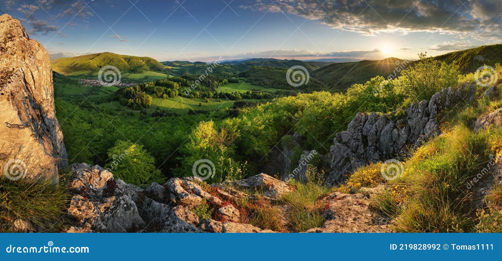 Green Spring Mountain Landscape with Sun and Rocks - Panorama Stock ...