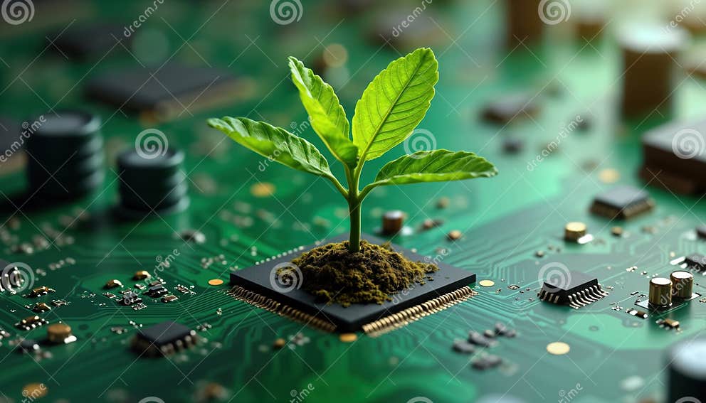Green Sprout Grows on Computer Circuit Board. Eco-friendly Tech Concept ...