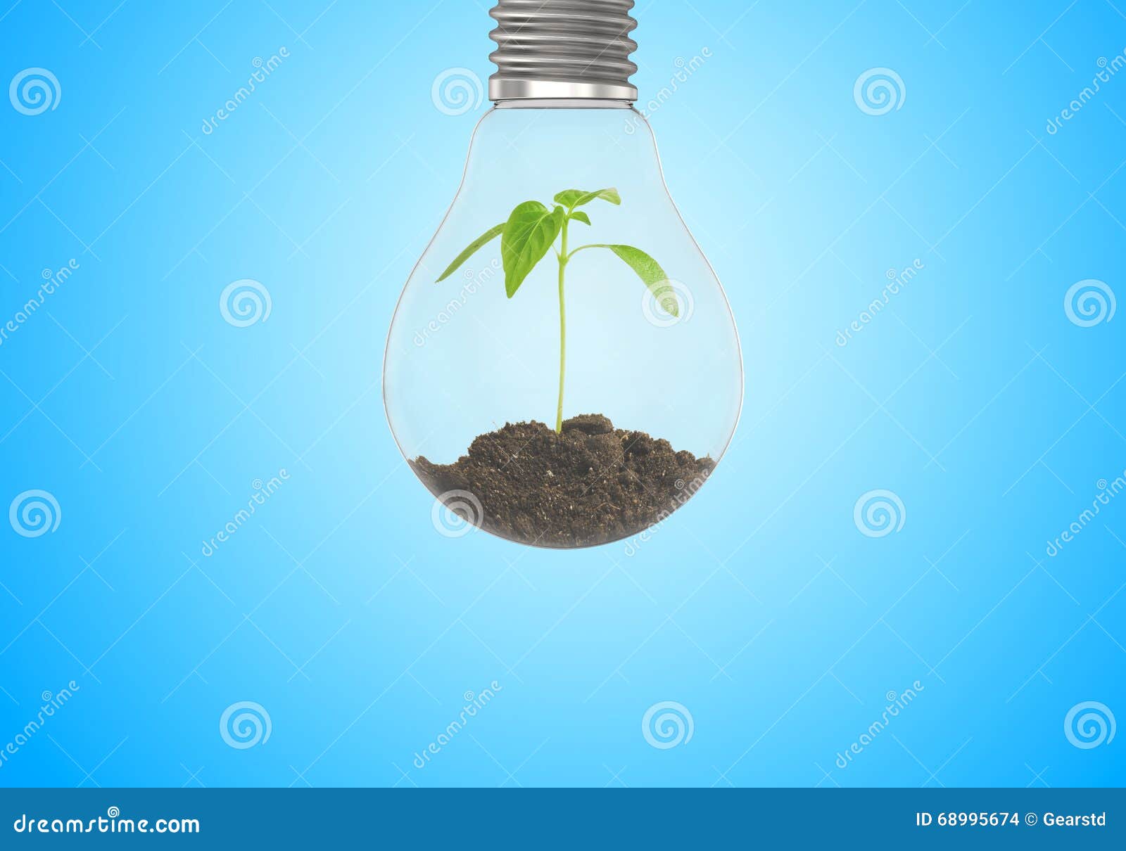 Green Sprout Grows of the Ground in Light Bulb on Blue Background Stock ...