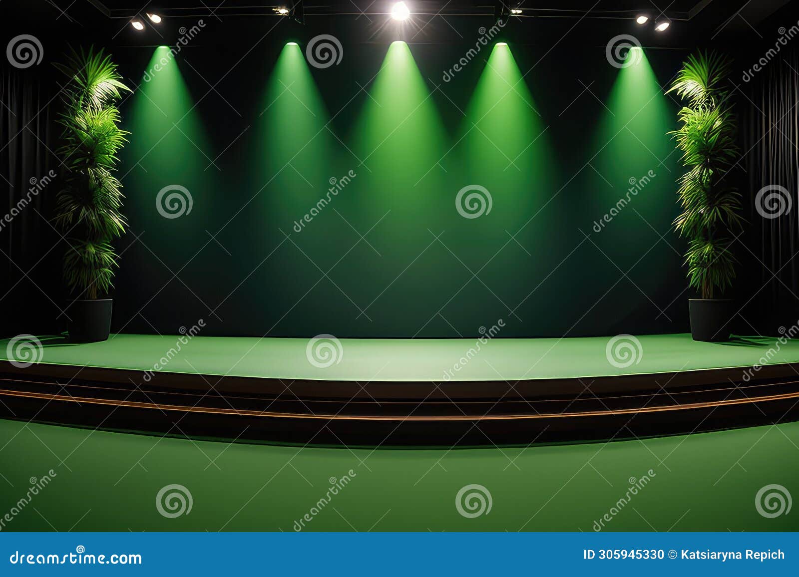 Green Stage Podium Display Scene with Spotlights. 3D Rendering Stock ...