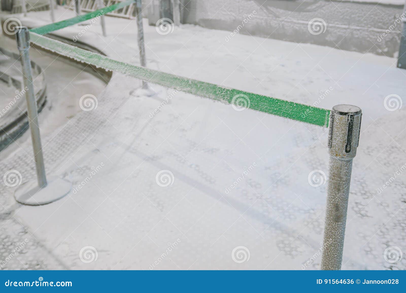 Green Stand Rope Barriers Covered with Snow in Winter . Stock Photo ...
