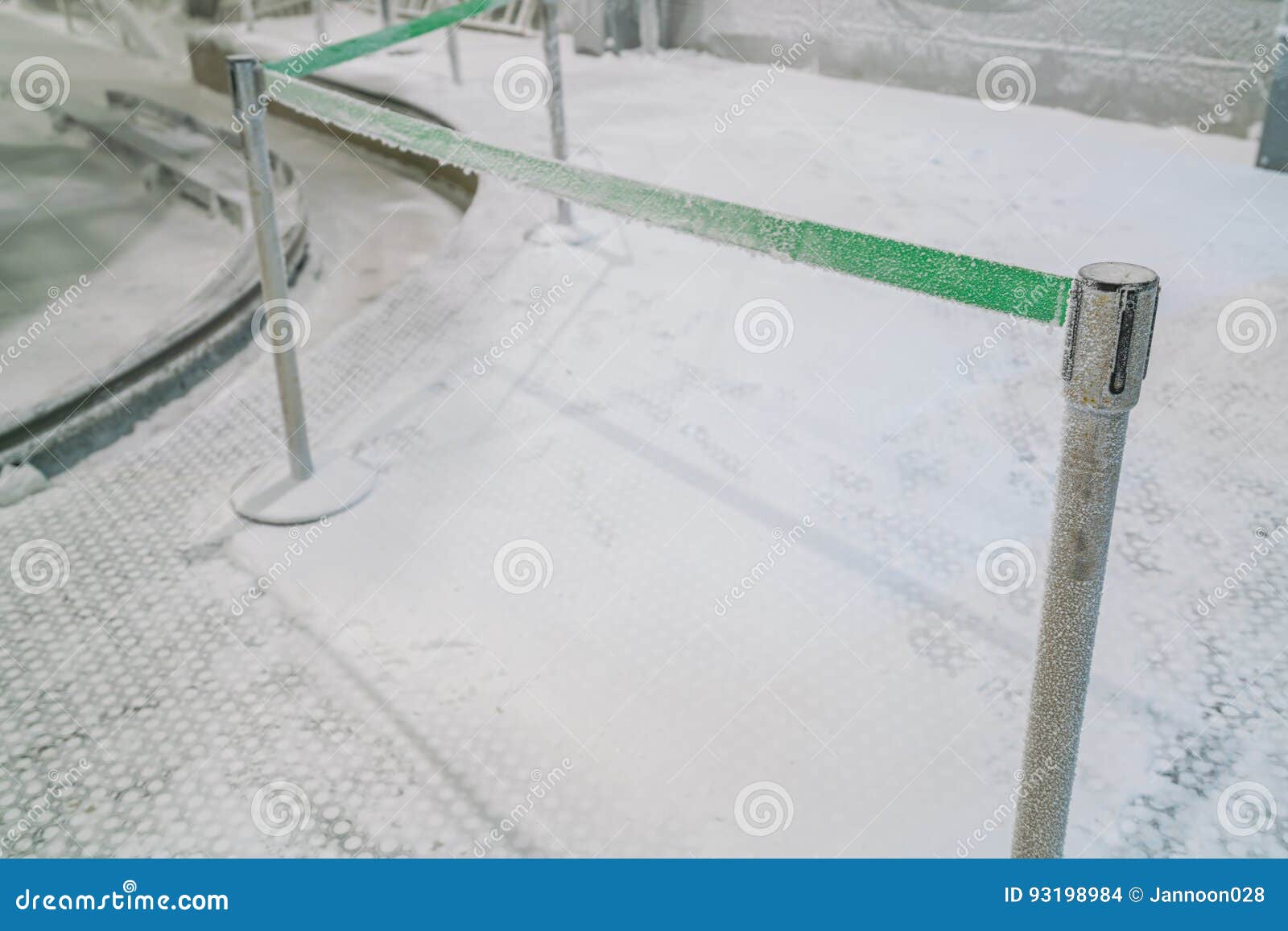 Green Stand Rope Barriers Covered with Snow in Winter . Stock Photo ...