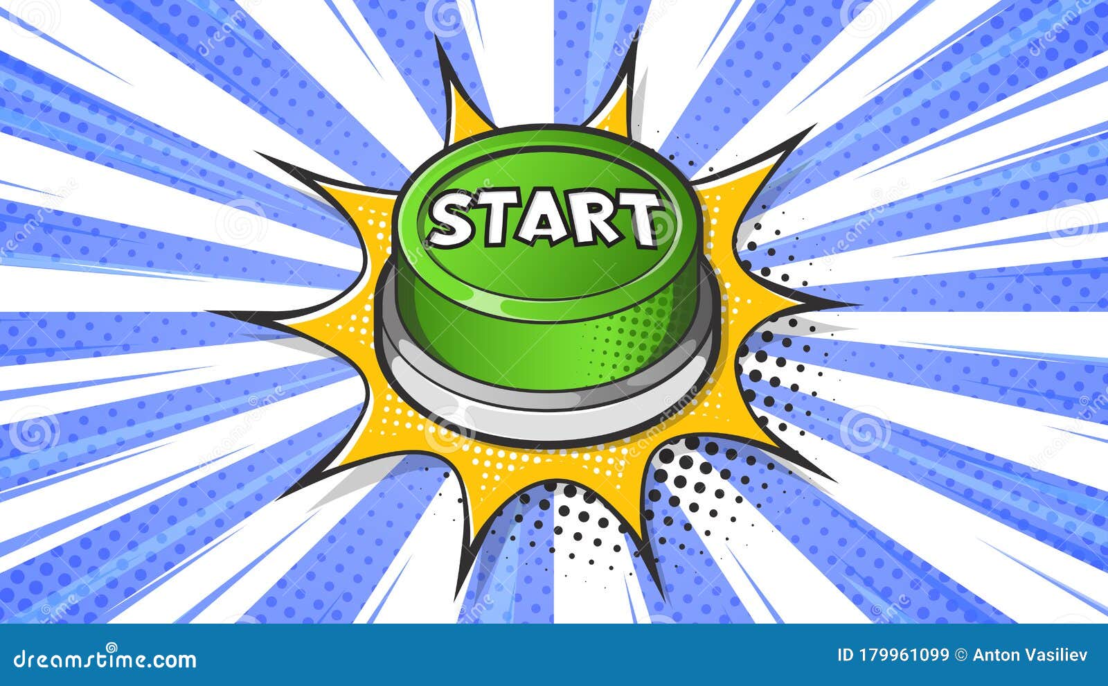 Green Start Button Expression Text on a Comic Bubble with Halftone ...