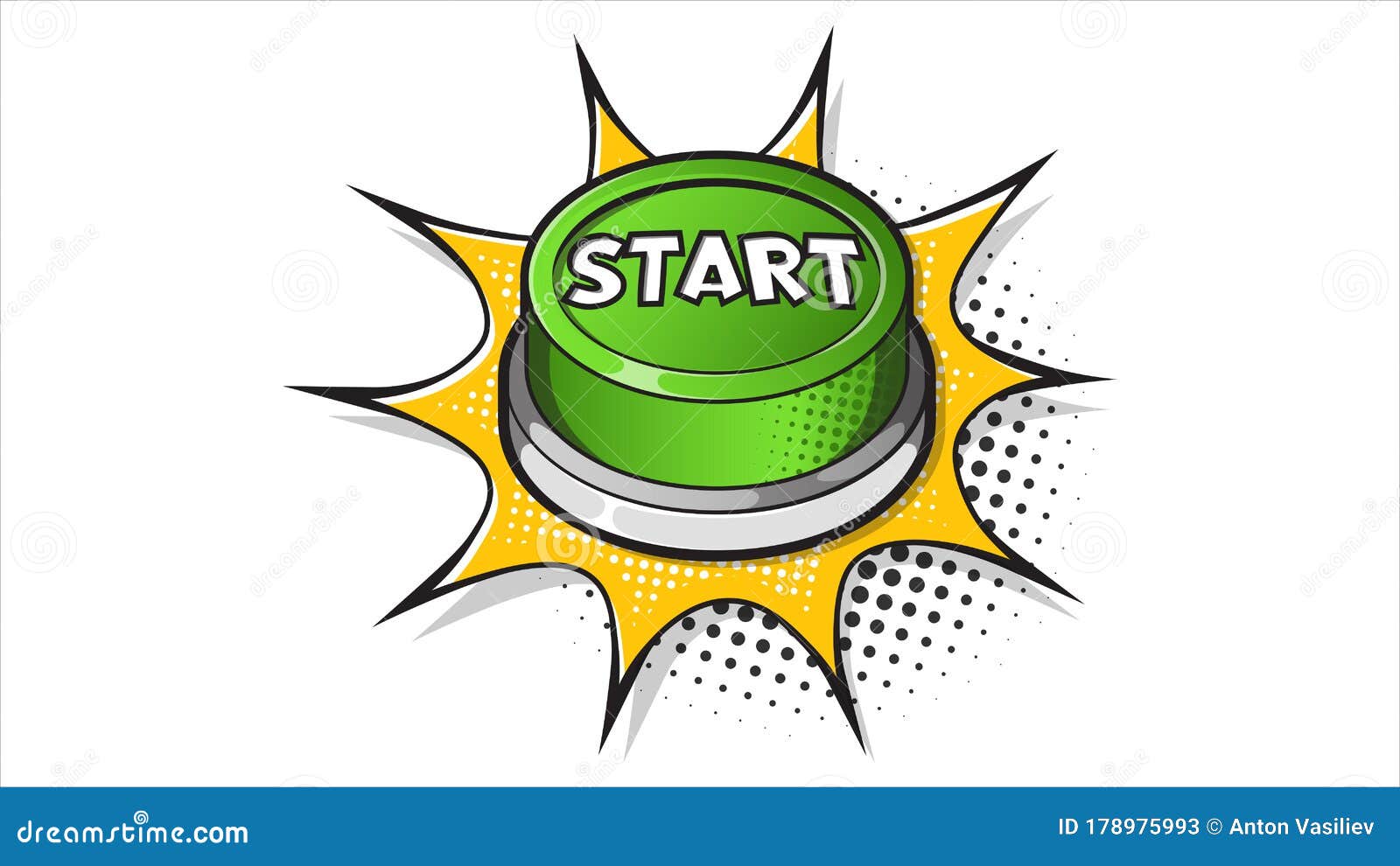 Green Start Button Expression Text on a Comic Bubble with Halftone ...