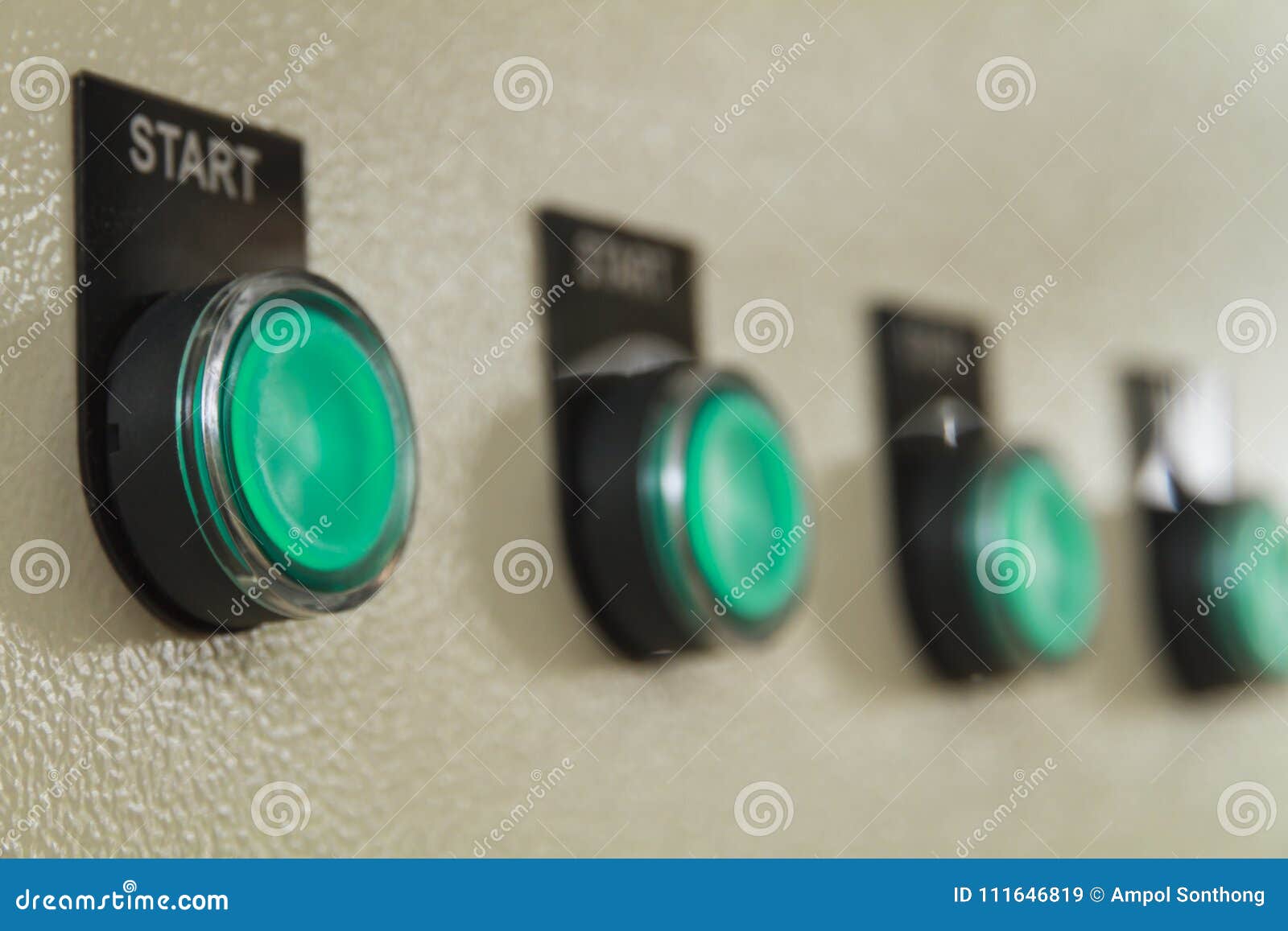 Green Start Buttons on Control Panel Box. Stock Image - Image of focus ...