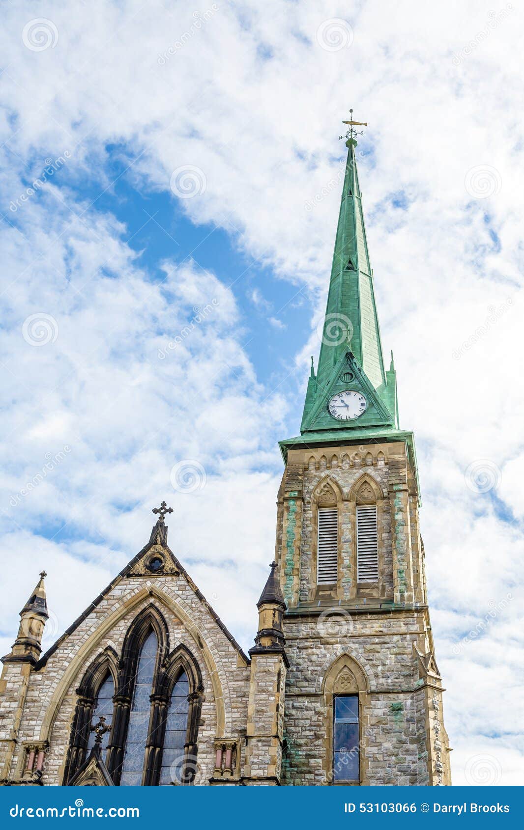 Green Steeple on Old Stone Church Stock Photo - Image of church ...