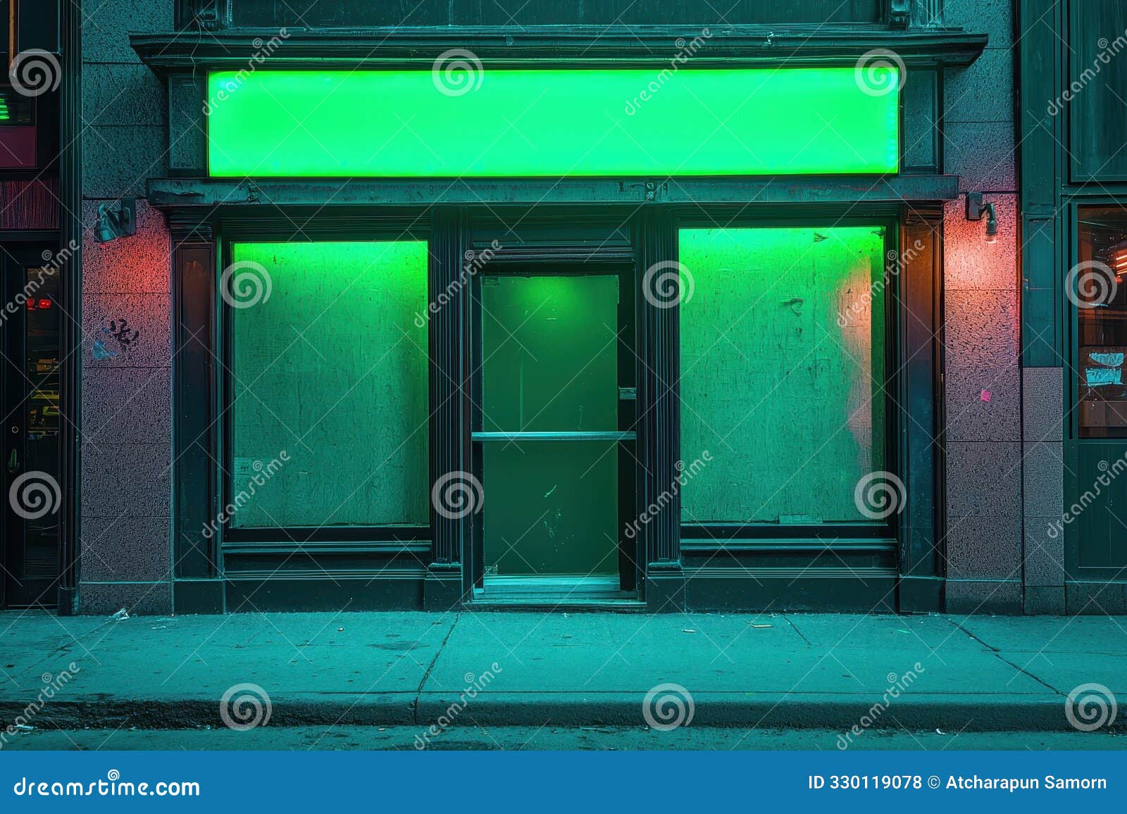 A Green Storefront with a Neon Sign on the Door Stock Photo - Image of ...