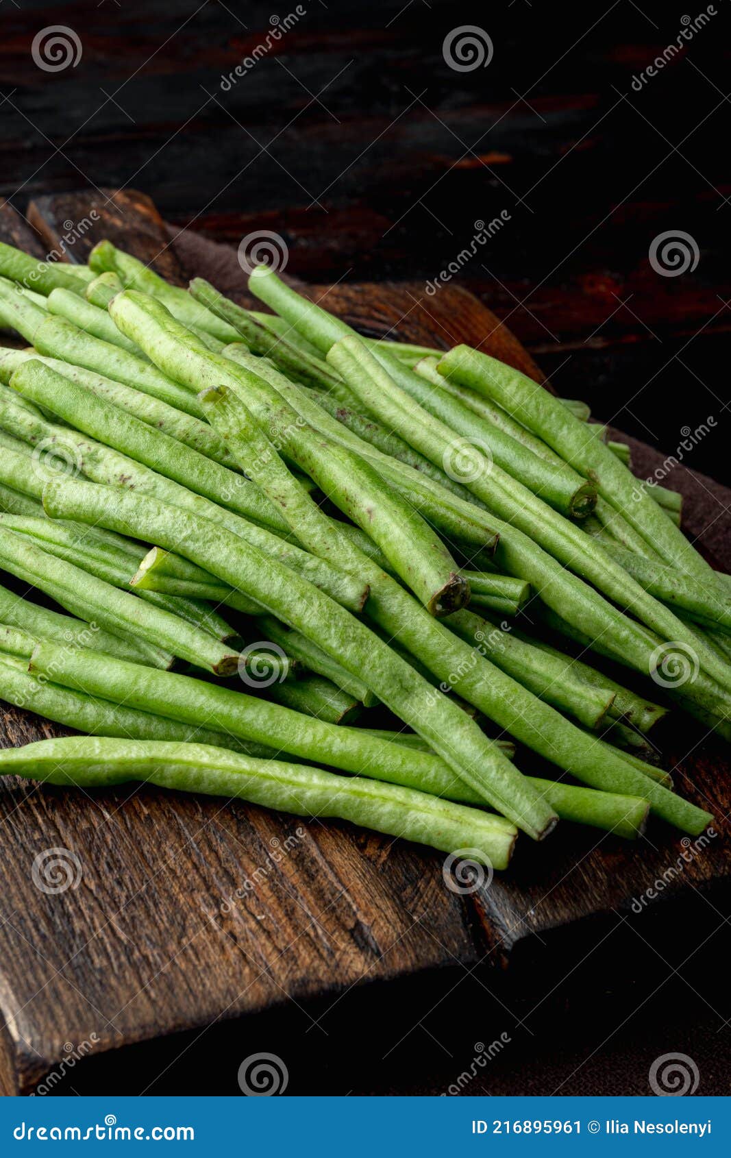 Green String Bean, on Wooden Cutting Board, on Old Dark Wooden Table ...