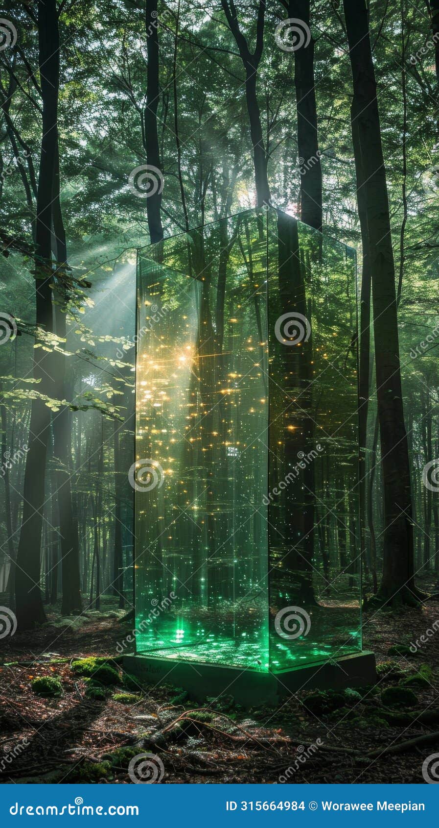 A Green Structure in a Forest with a Mirror on it Stock Photo - Image ...