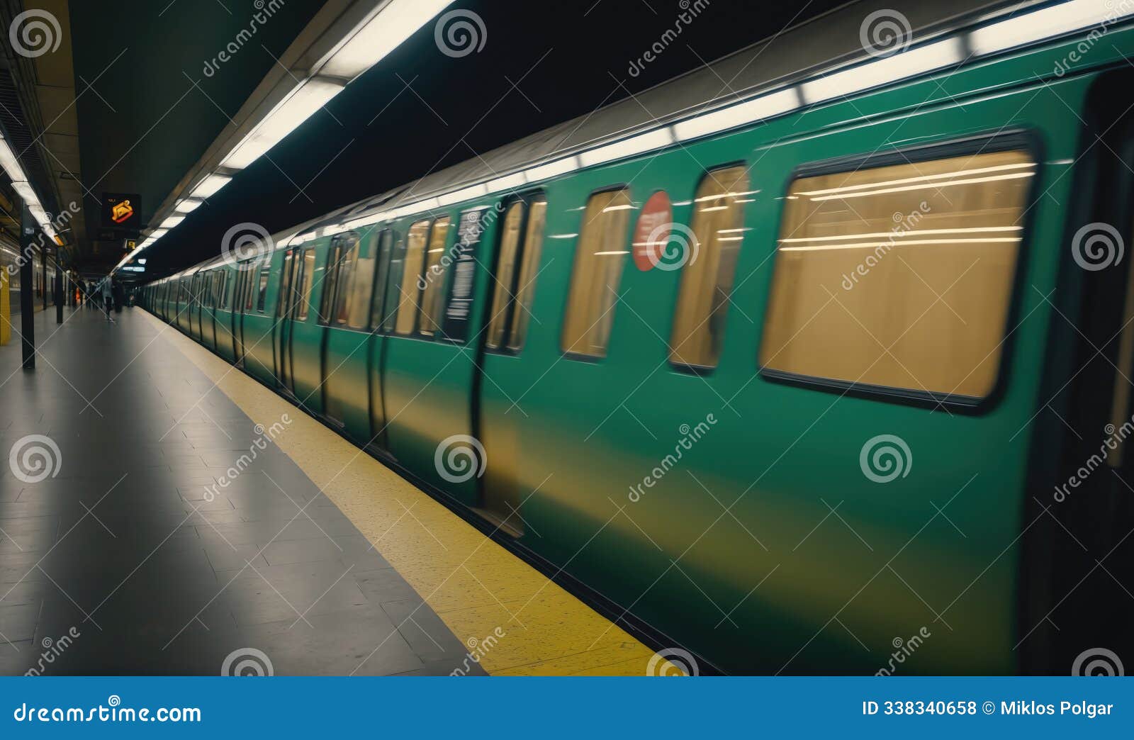 A Green Subway Train Speeds through a Station, Leaving a Trail of ...