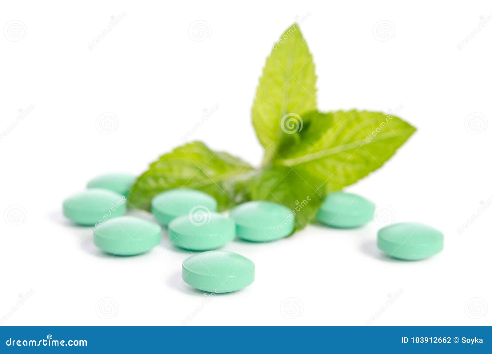 Green Tablets with Leaves of Mint Stock Photo - Image of background ...
