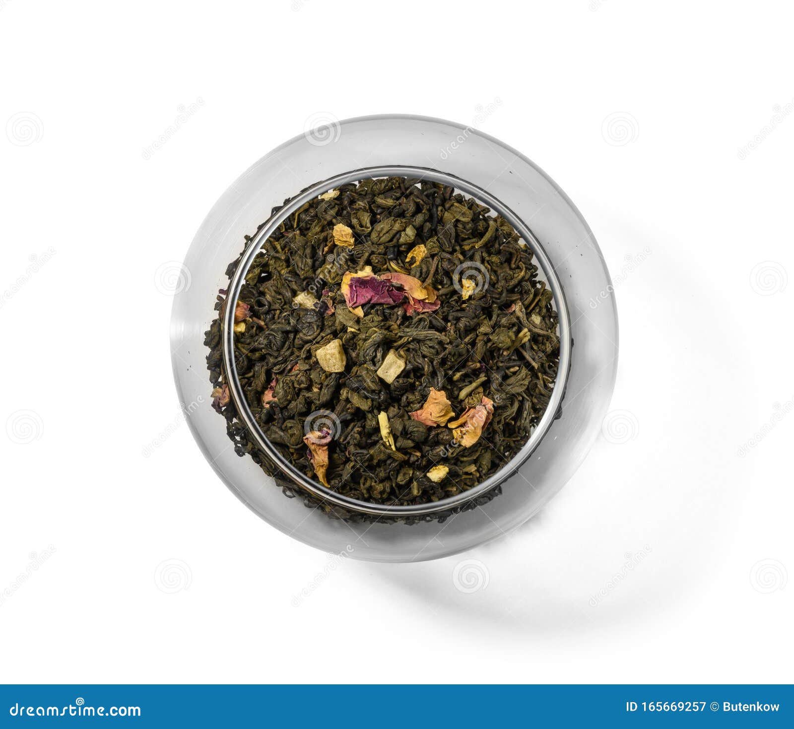 Green Tea with Aromatic Additives. Top View on White Background Stock ...