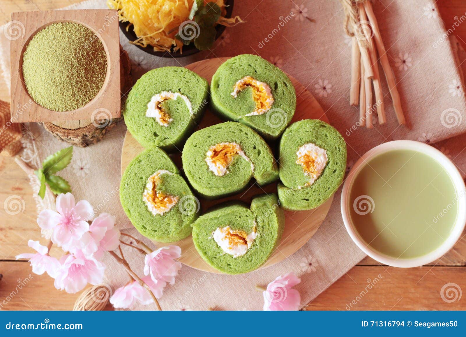 Green Tea Cake Roll and Matcha Green Tea. Stock Photo - Image of herb ...