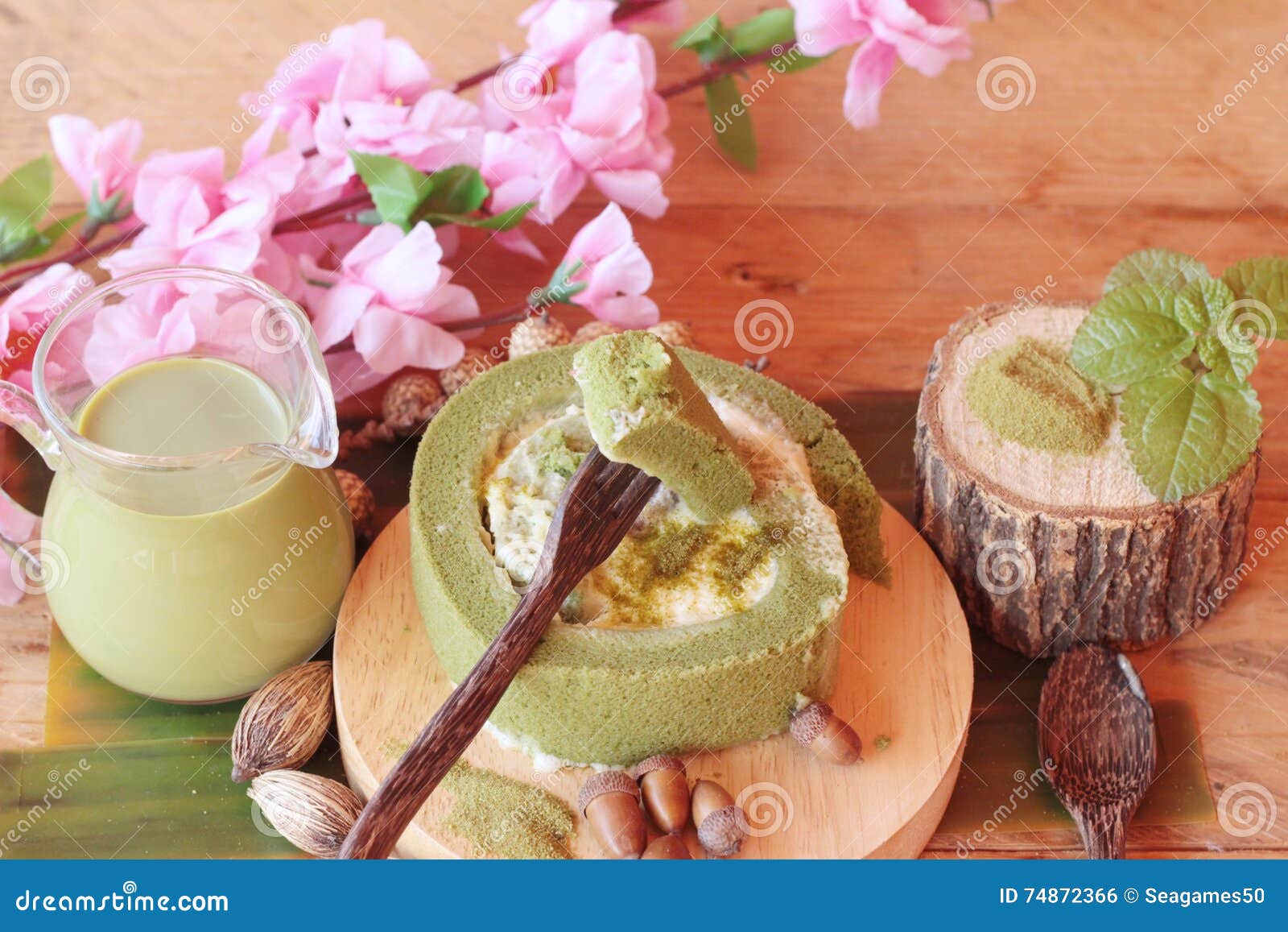 Green Tea Cake Roll and Matcha Green Tea. Stock Photo - Image of japan ...