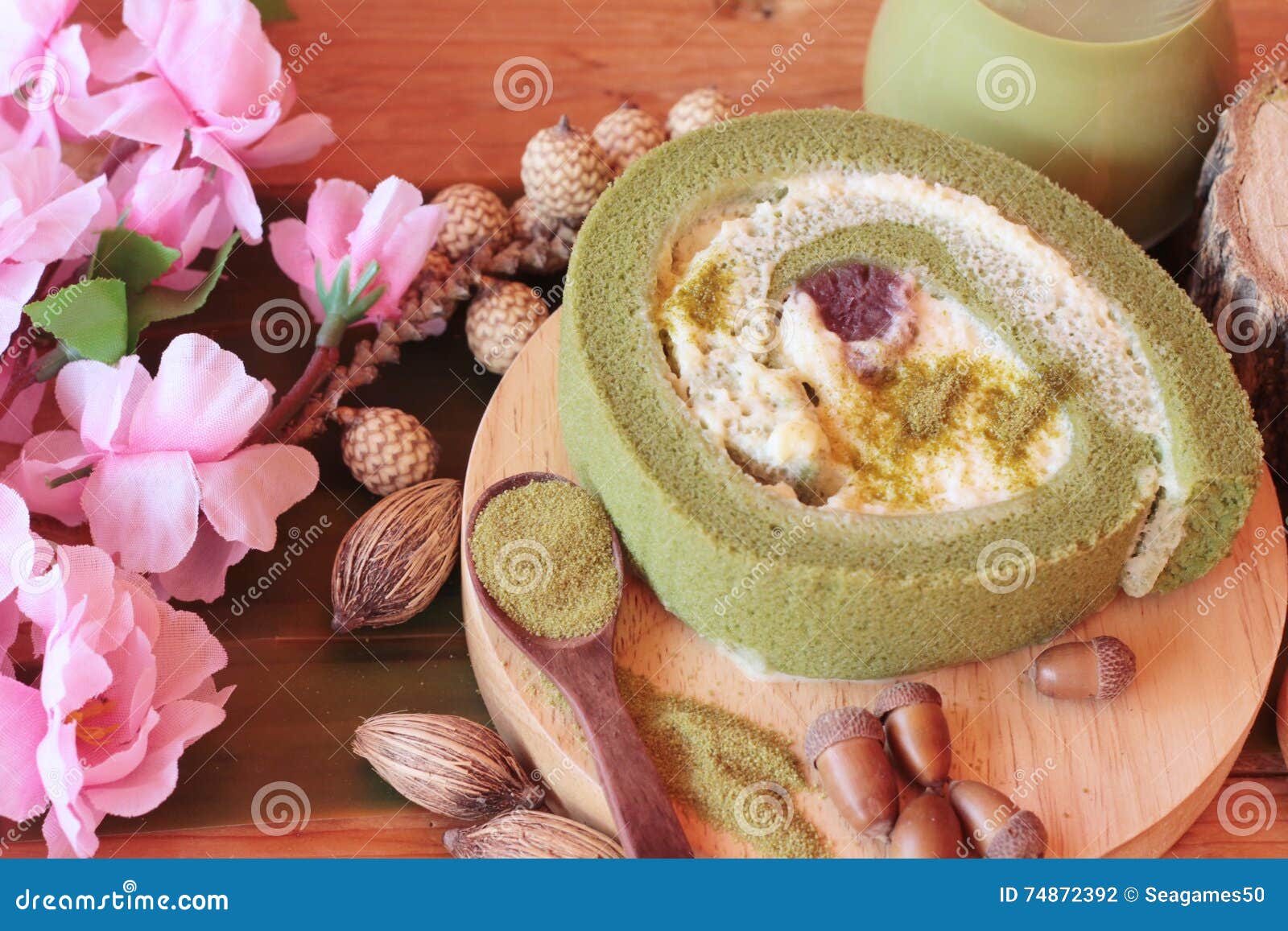 Green Tea Cake Roll and Matcha Green Tea. Stock Photo - Image of cream ...