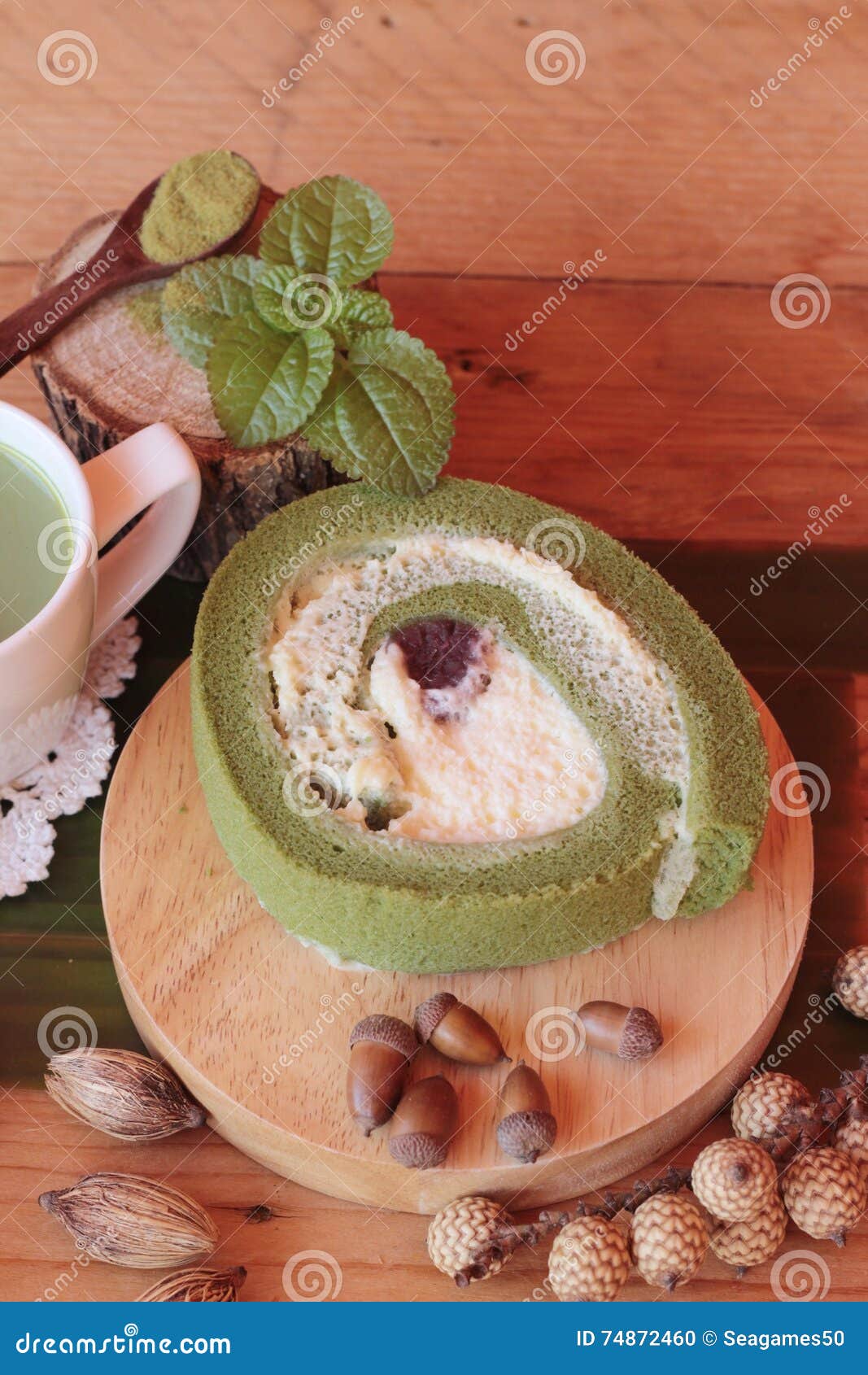 Green Tea Cake Roll and Matcha Green Tea. Stock Photo - Image of wooden ...