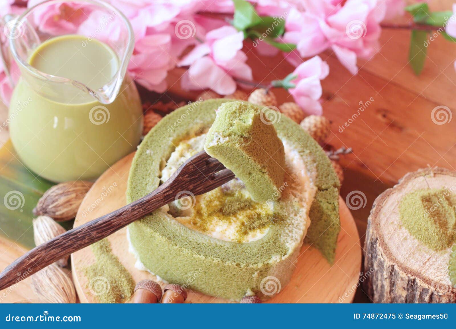 Green Tea Cake Roll and Matcha Green Tea. Stock Image - Image of drink ...