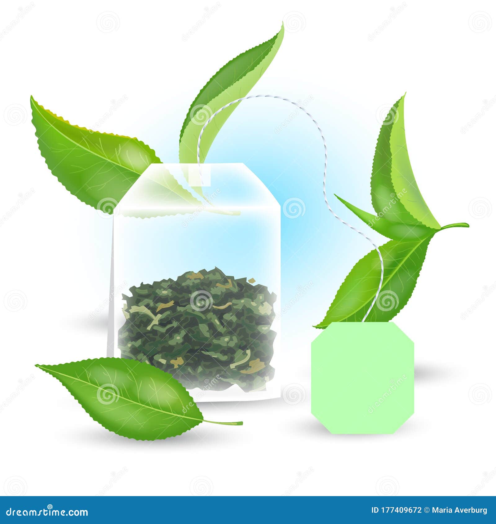 Green Tea Concept with Rectangular Tea Bag and Realistic Leaves ...