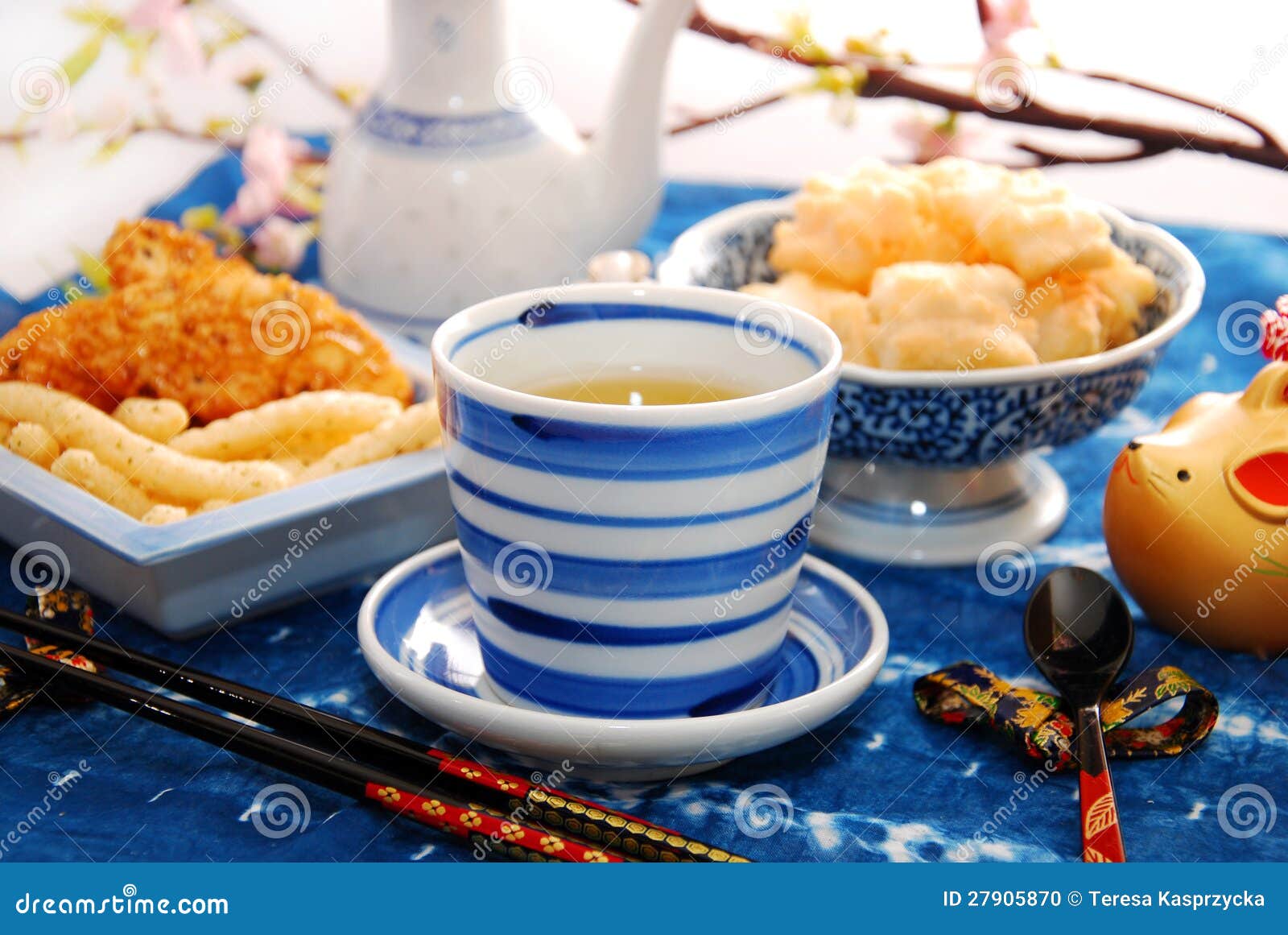 Green Tea and Japanese Rice Crackers Stock Photo - Image of green ...