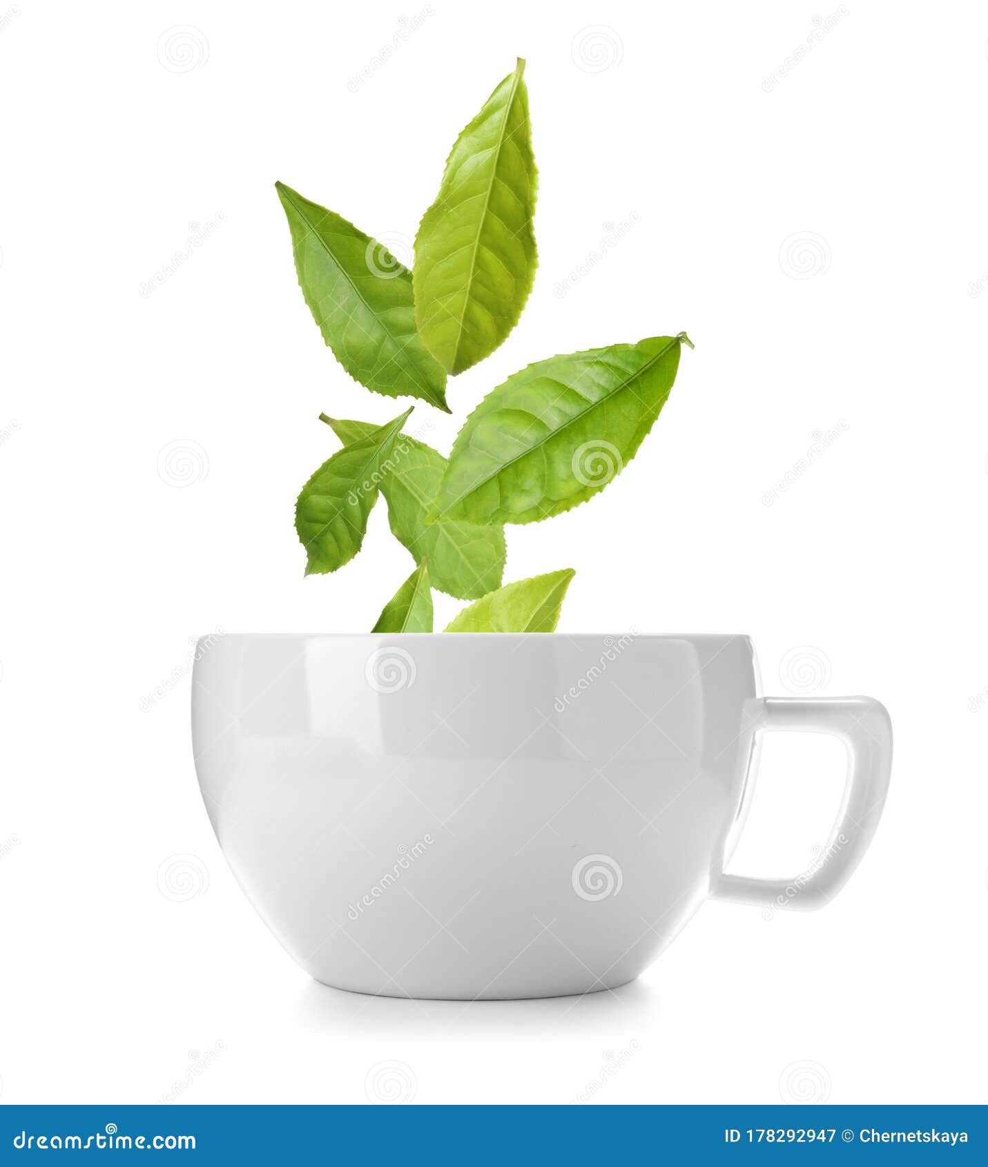 Green Tea Leaves Falling into Cup on Background Stock Image - Image of ...