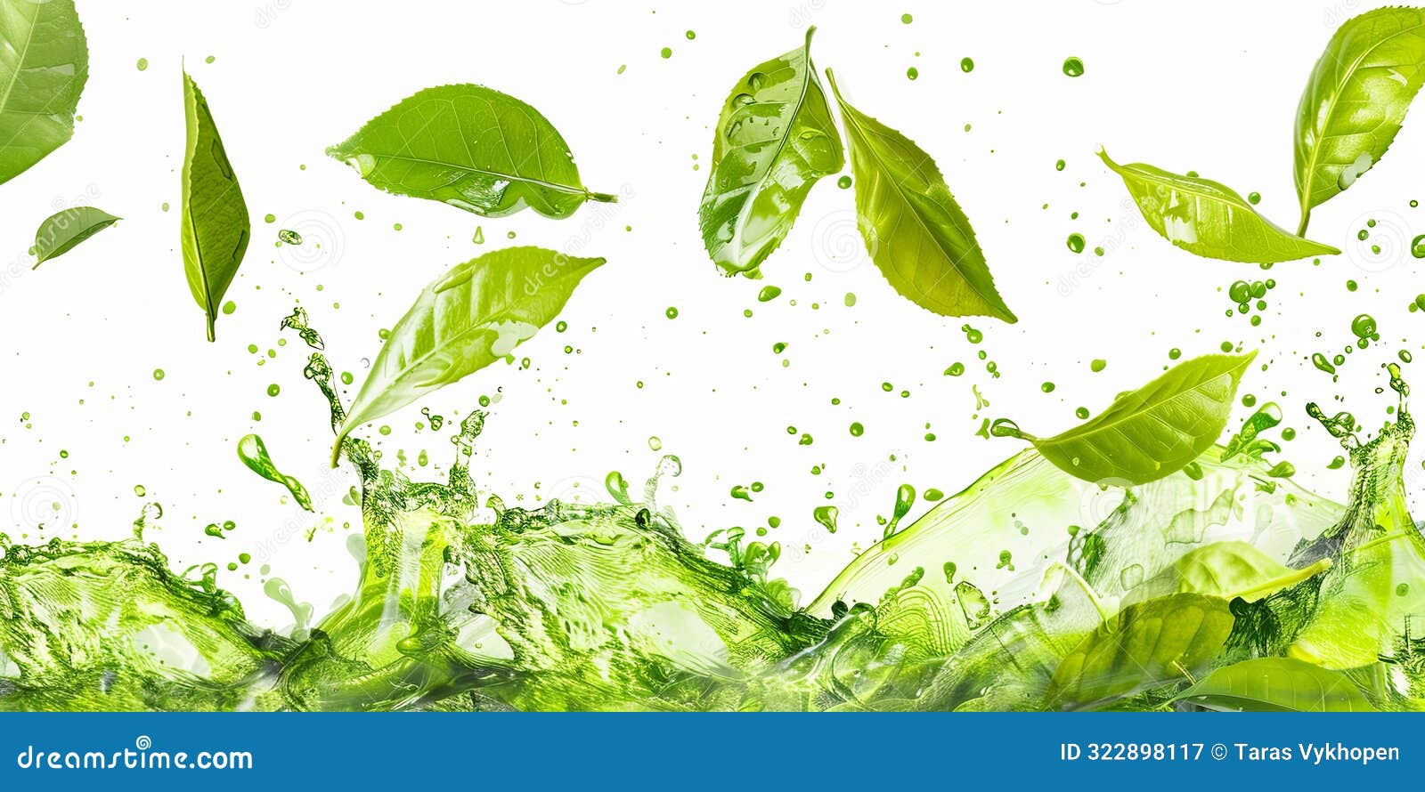 Green Tea Leaves in Green Tea Splash on White Background, Food ...