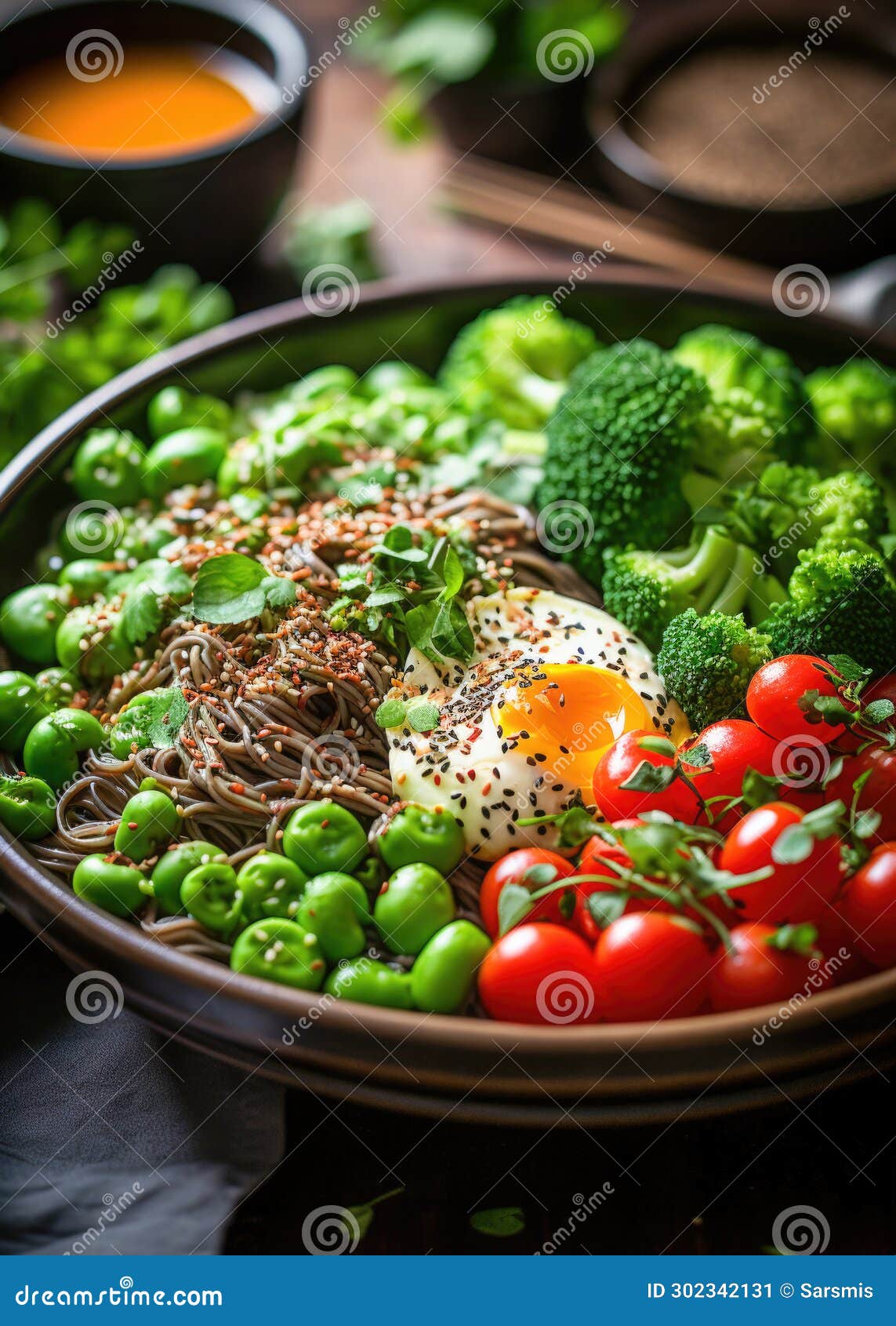 Green Tea Matcha Noodles with Soft-Boiled Egg and Edamame Stock ...
