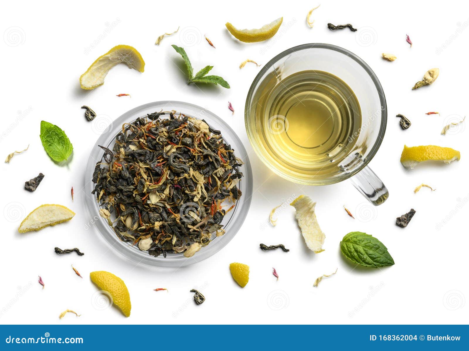 Green Tea with Natural Aromatic Additives and a Cup. Top View on White ...