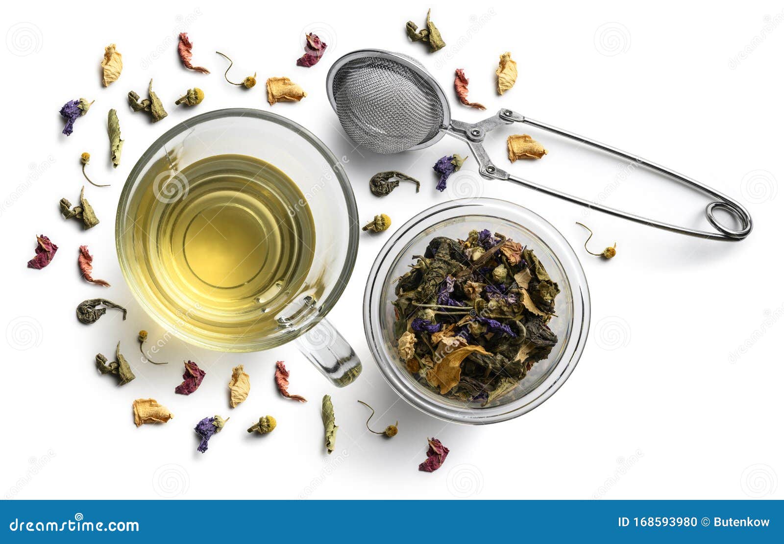 Green Tea with Natural Flavors and a Cup. Top View on White Background ...