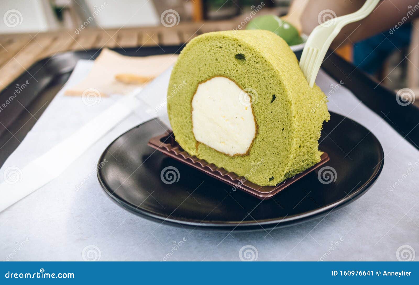 Green tea roll cake stock image. Image of fork, eating - 160976641