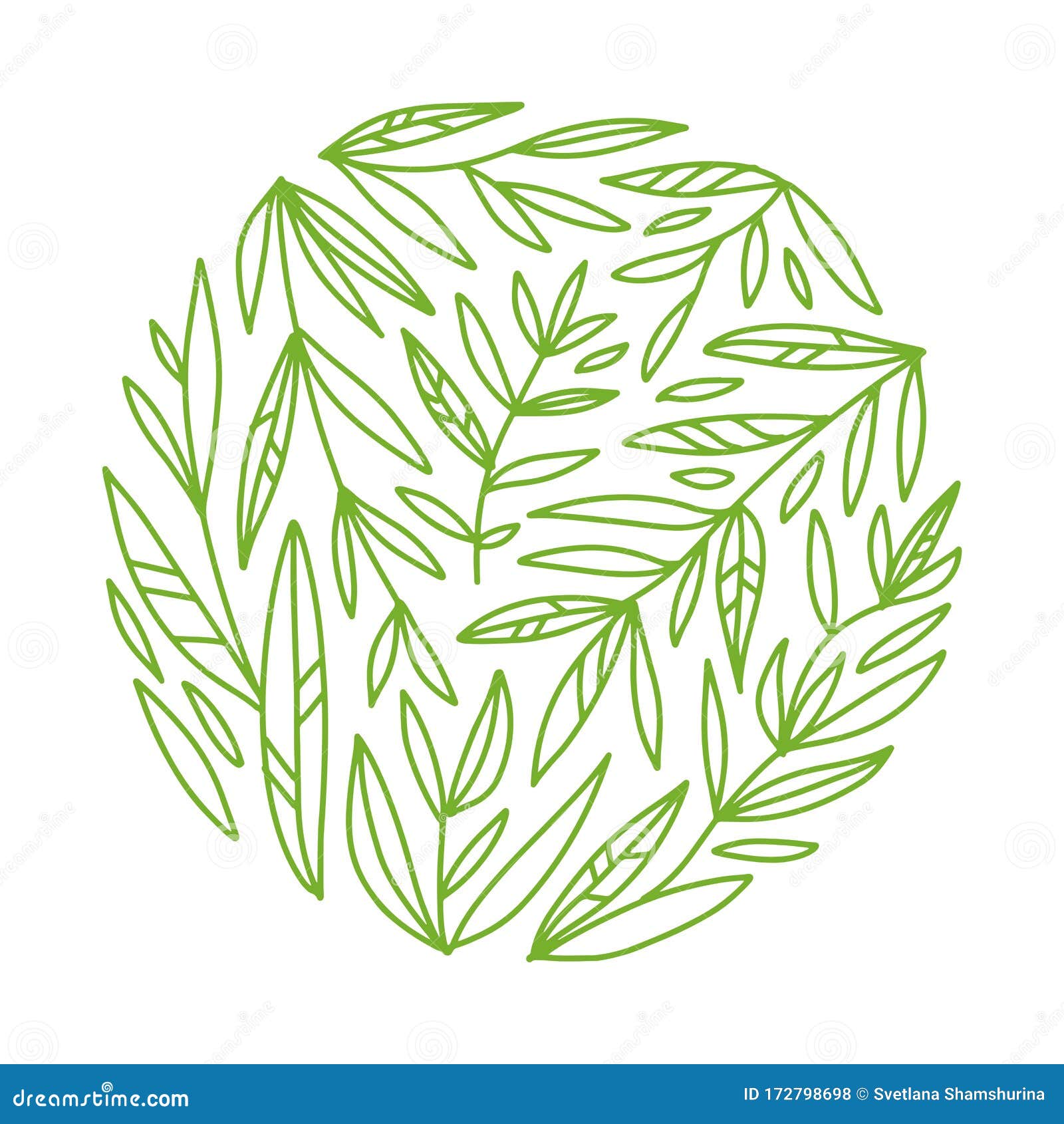 Green Tea. Round Leaves and Branches Pattern Concept in an Outline ...