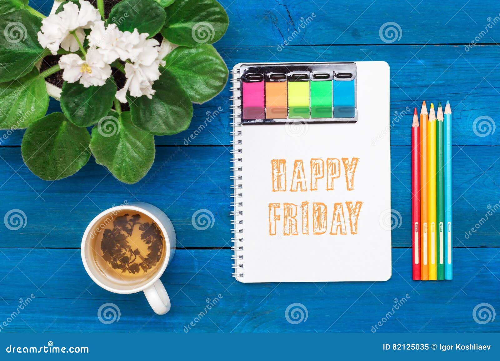 Green Tea and Text in Notepad: Happy Friday Stock Image - Image of wood ...